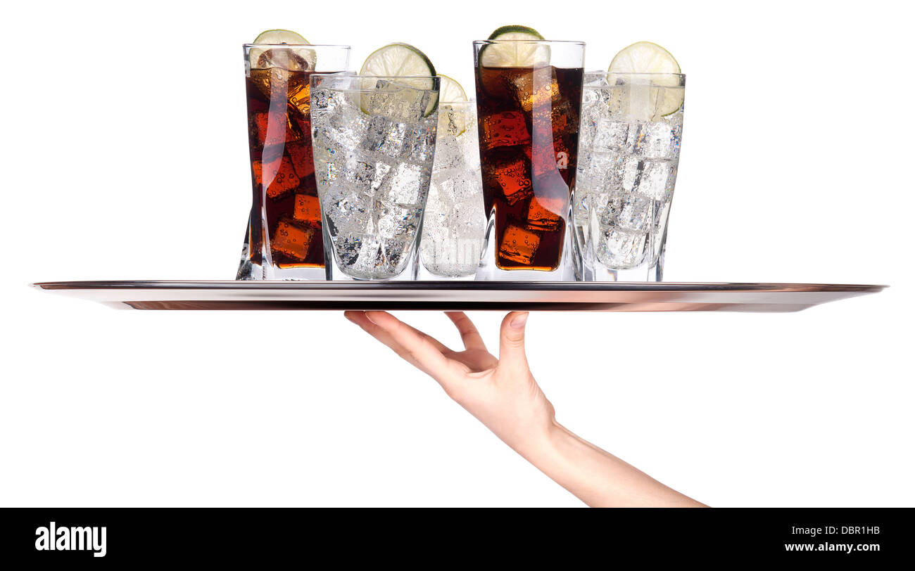 different alcohol drinks on a tray -cocktail,champagne,wine,whiskey ...