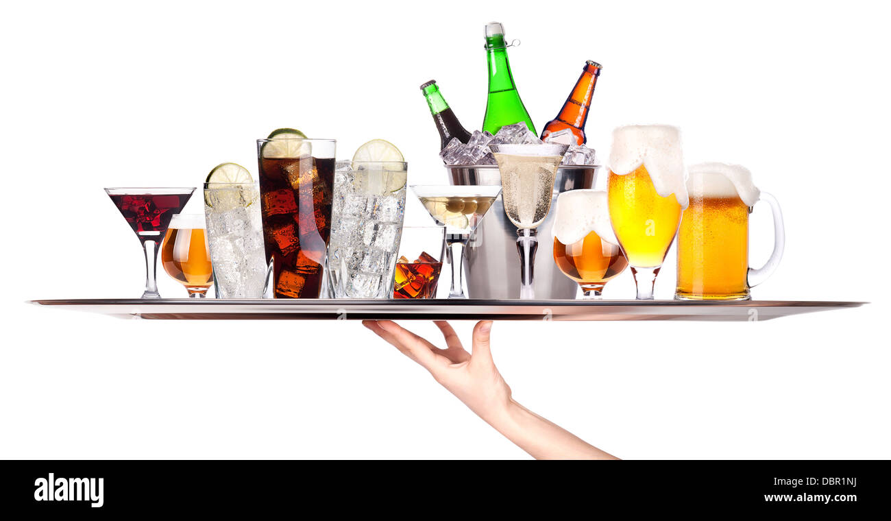 different alcohol drinks on a tray -beer,cocktail,champagne,wine ...