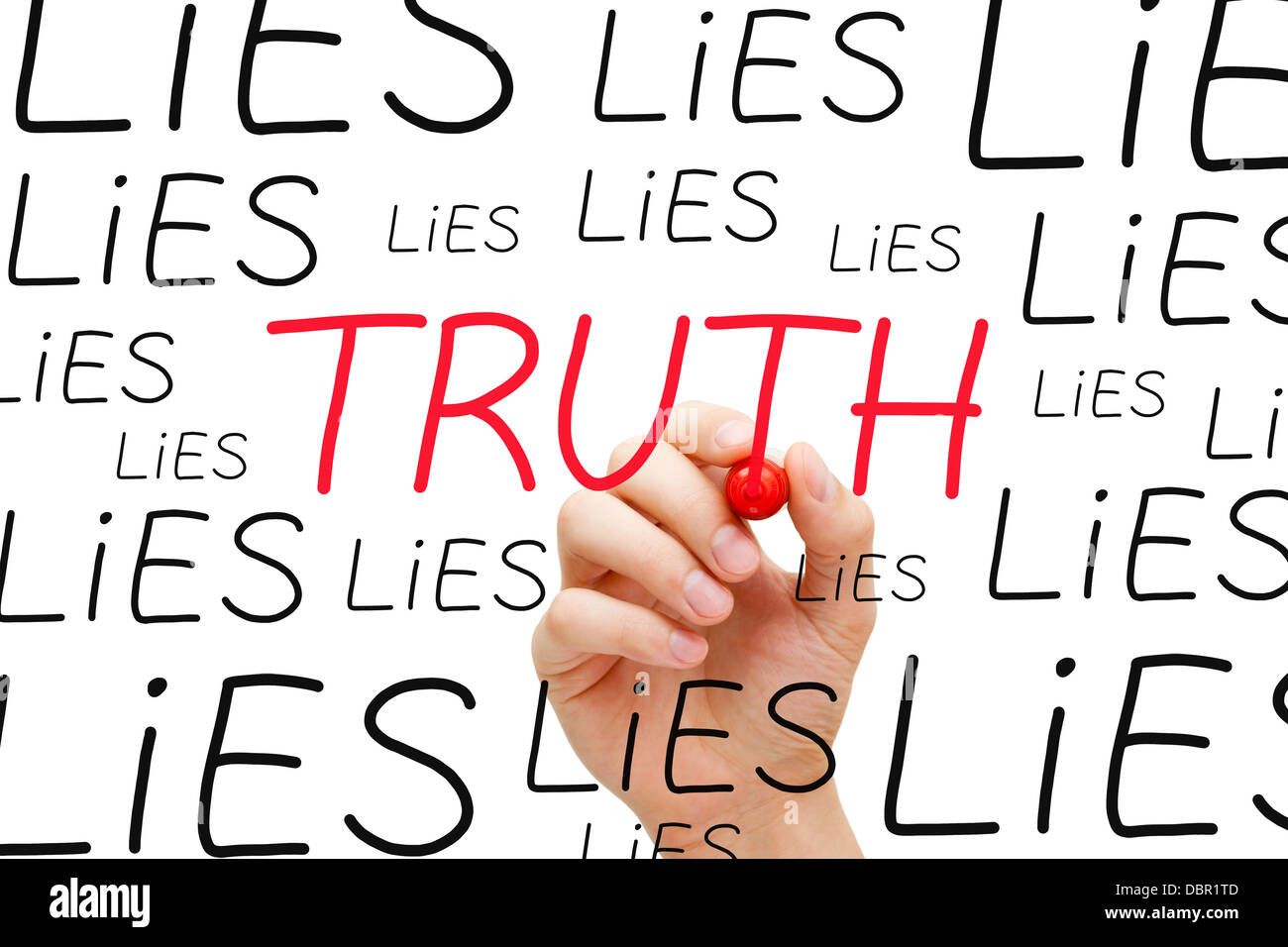 Hand writing Truth with red marker between many Lies on transparent ...