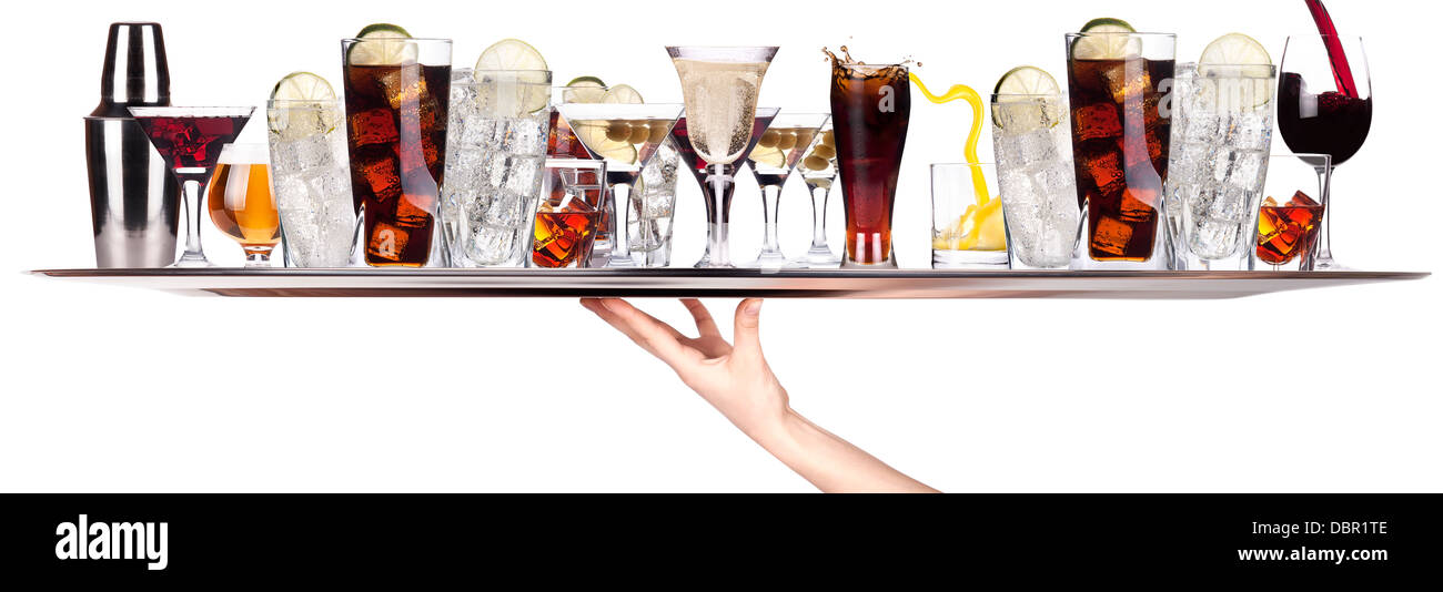 different alcohol drinks on a tray -beer,cocktail,champagne,wine ...