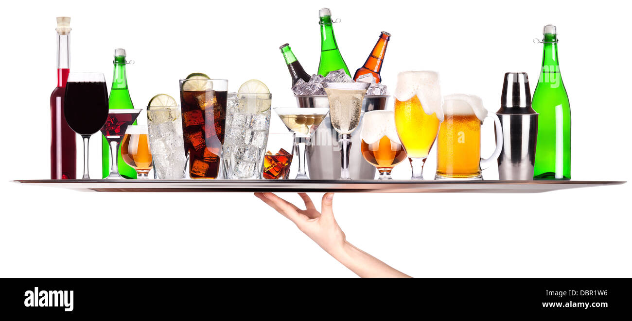 different alcohol drinks on a tray -beer,cocktail,champagne,wine ...