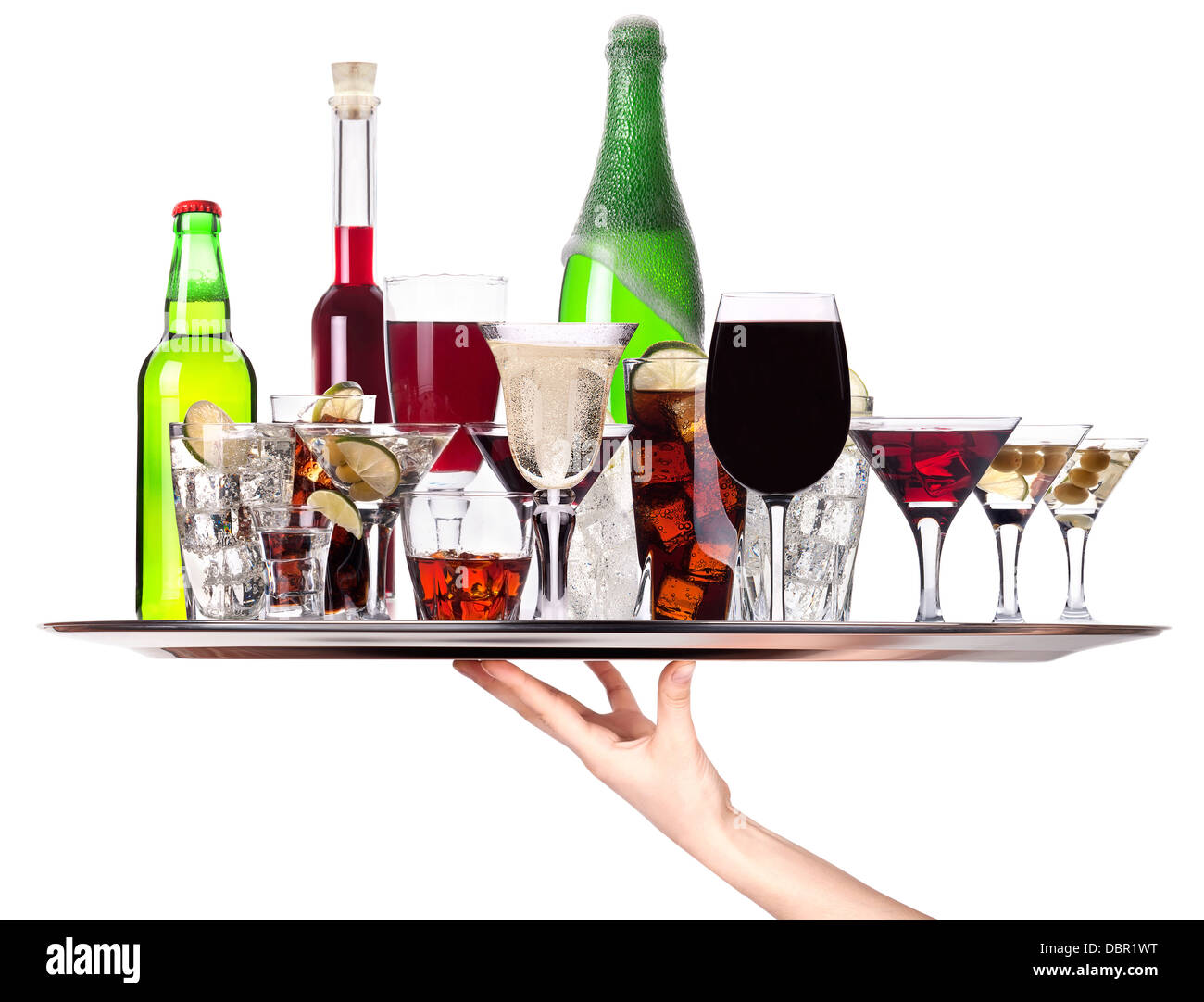 different alcohol drinks on a tray -beer,cocktail,champagne,wine ...