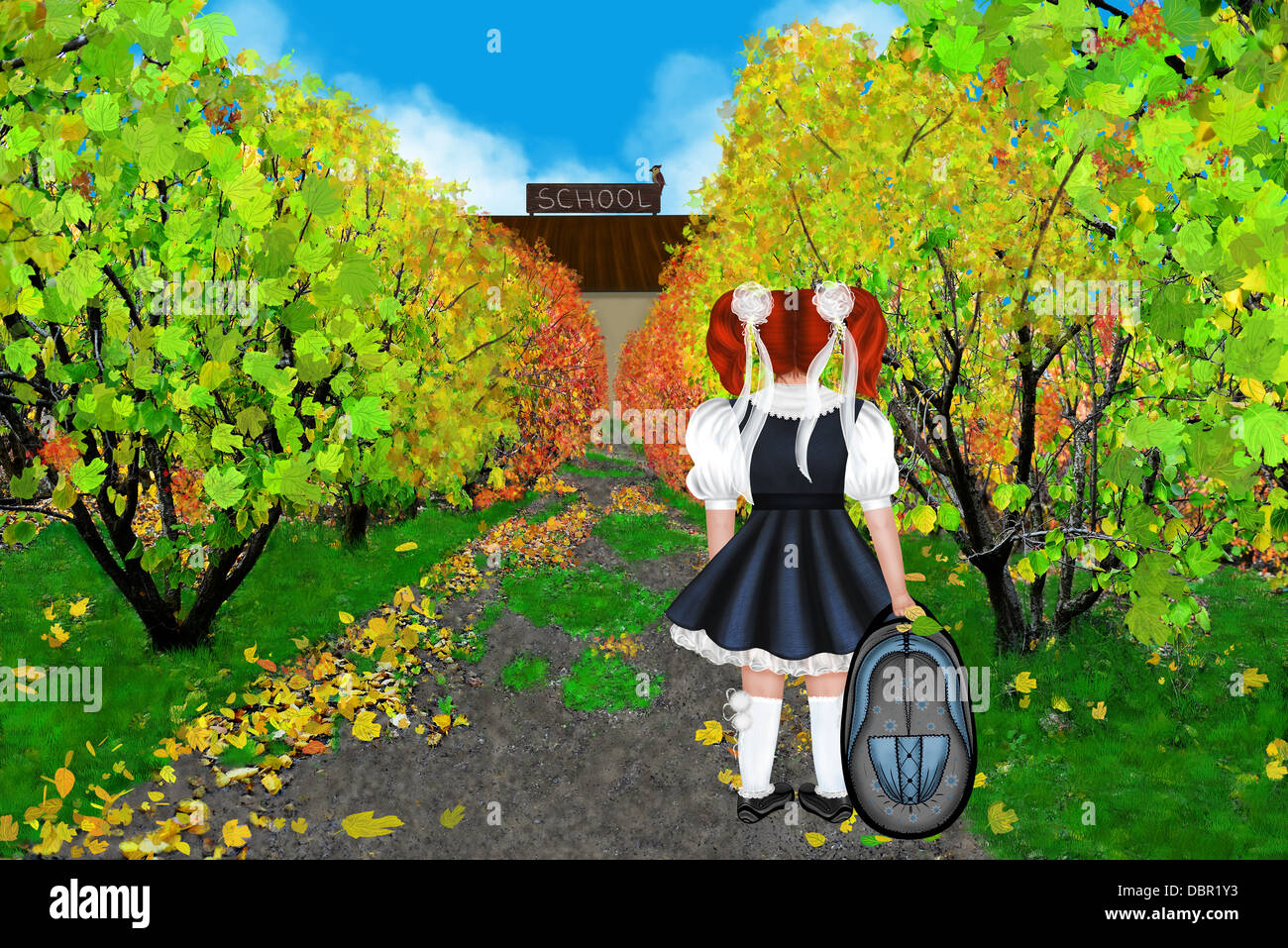 Beautiful autumn alley. Rural School and schoolgirl. Digital art ...