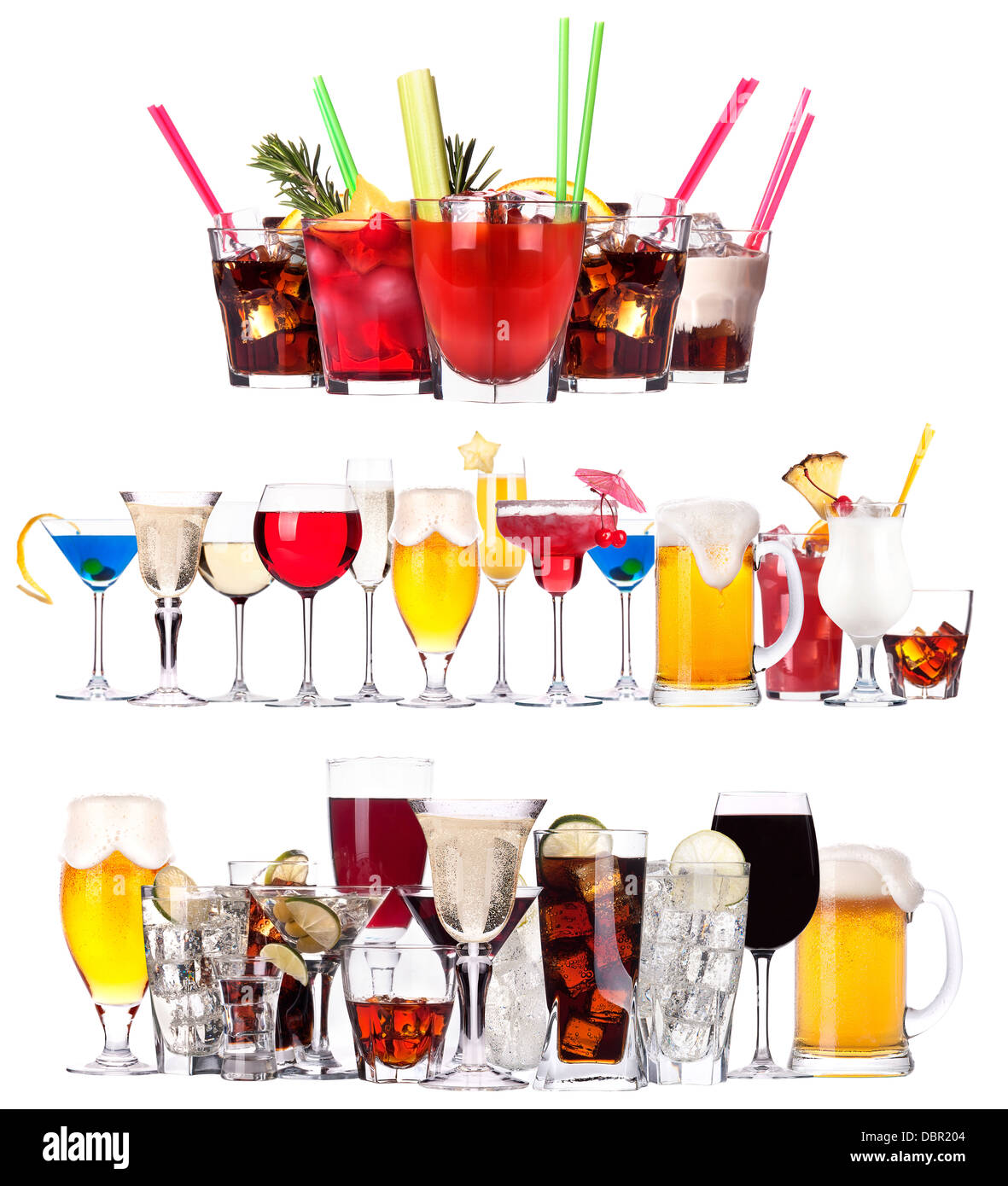 Set of different alcoholic drinks and cocktails - beer,martini,soda ...