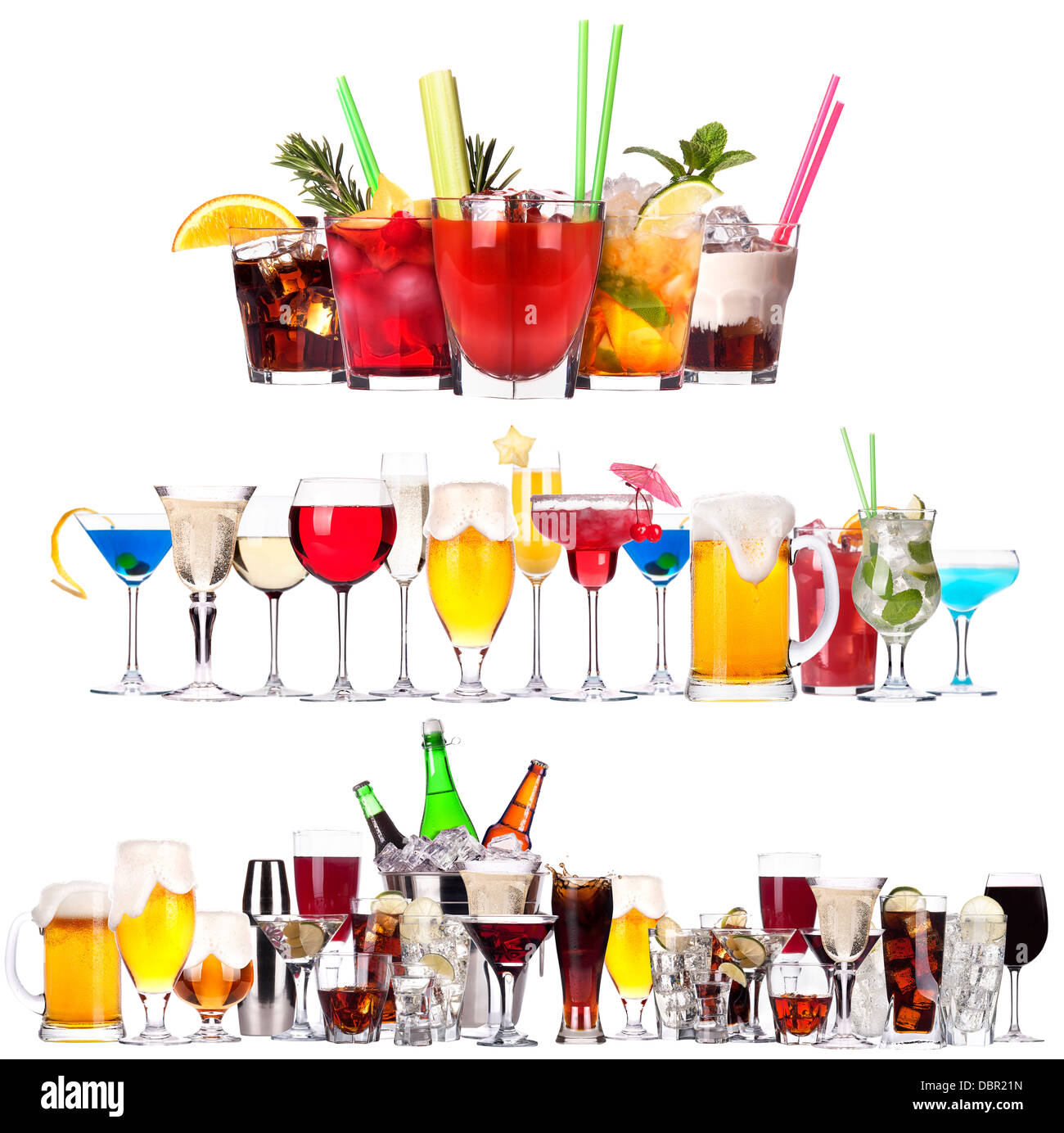 Set of different alcoholic drinks and cocktails - beer,martini,soda ...