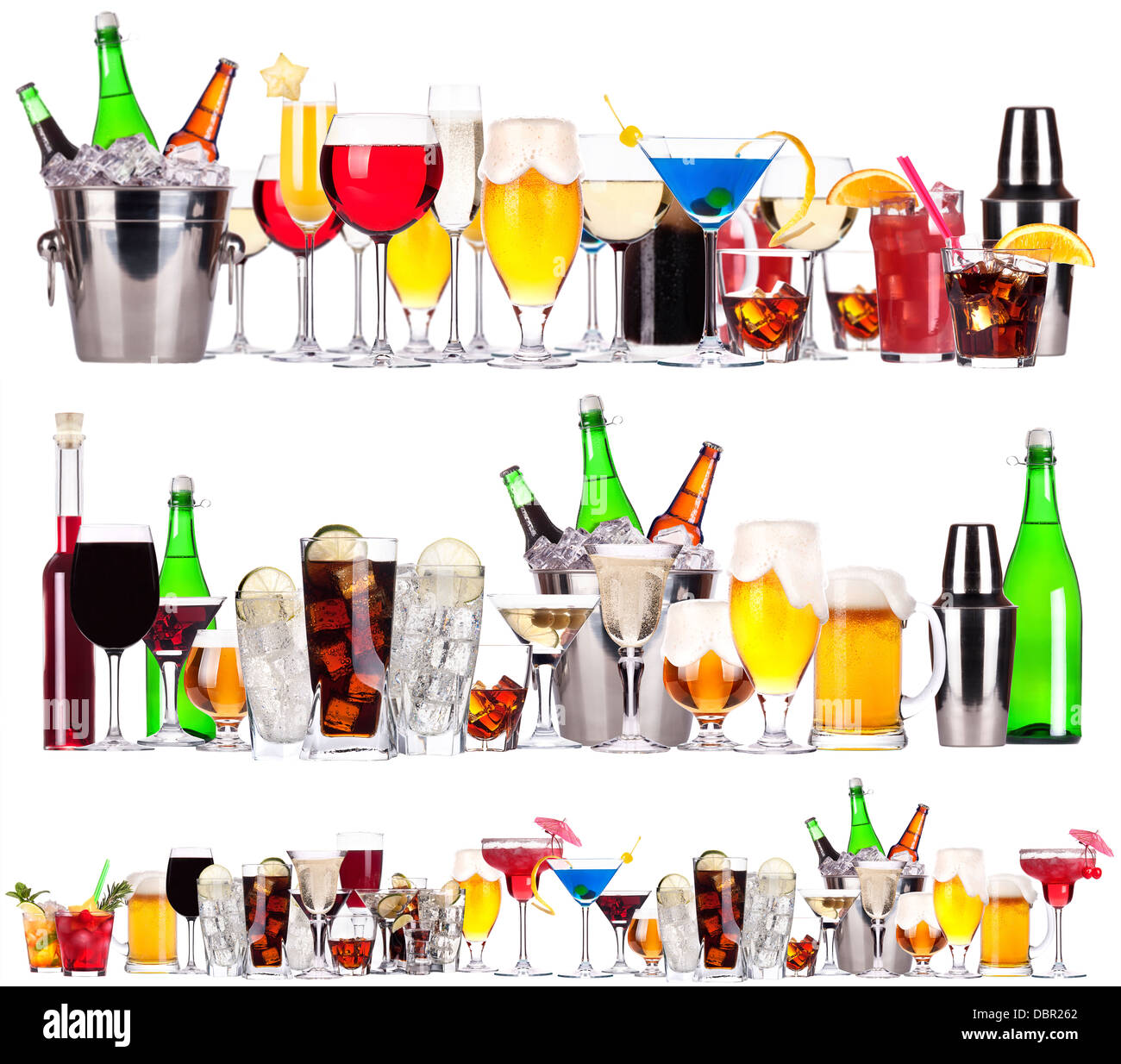 Set of different alcoholic drinks and cocktails - beer,martini,soda ...