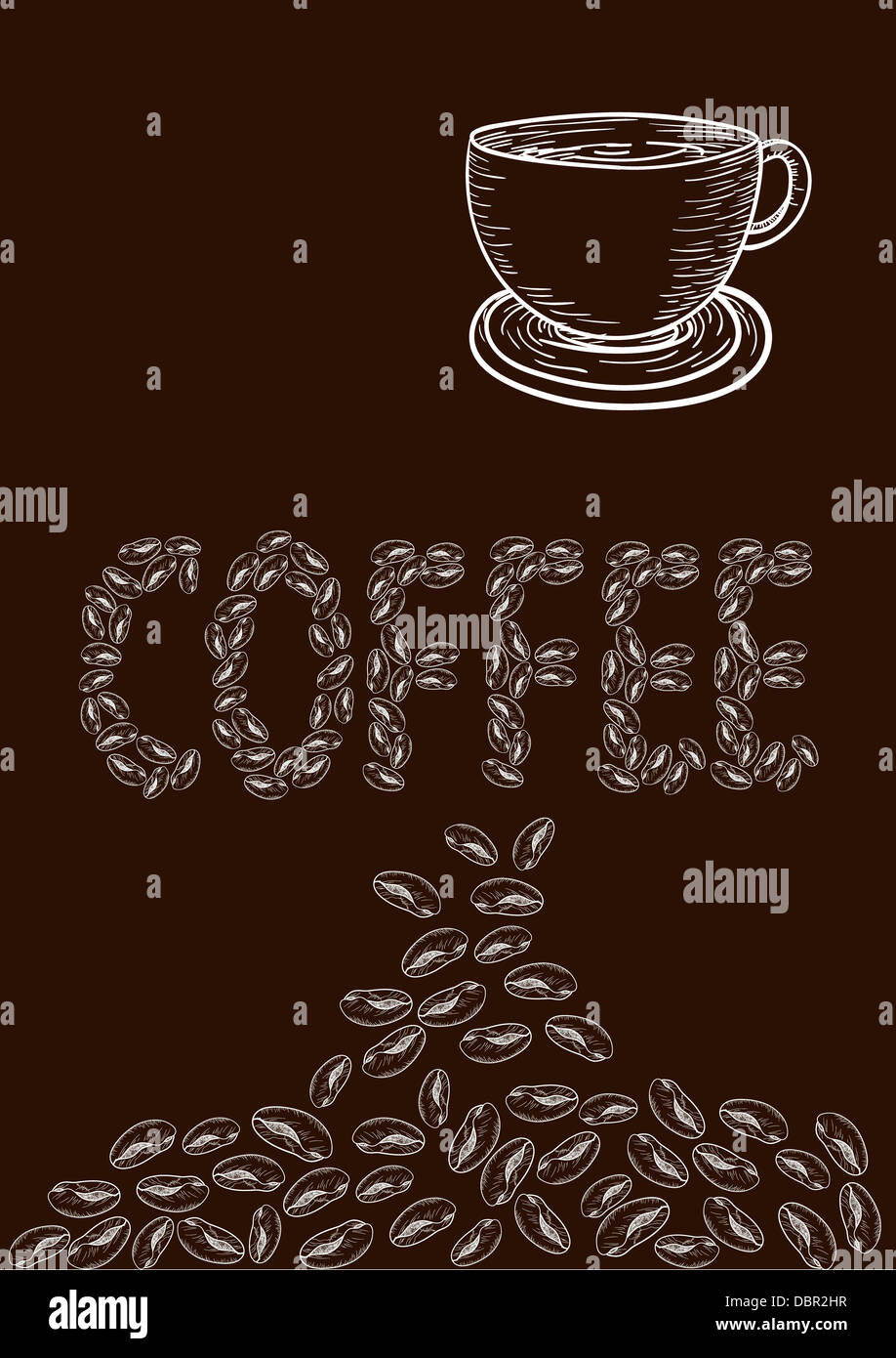 Retro coffee word with cup and beans in sketch style. This vector ...