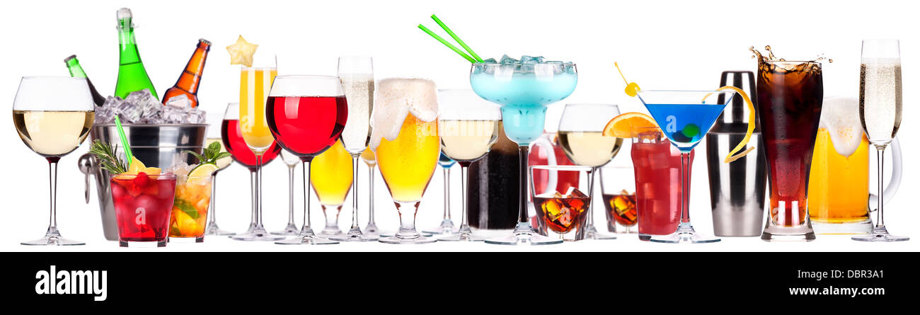 different alcohol drinks set -beer,cocktail,champagne,wine,cola,whiskey ...