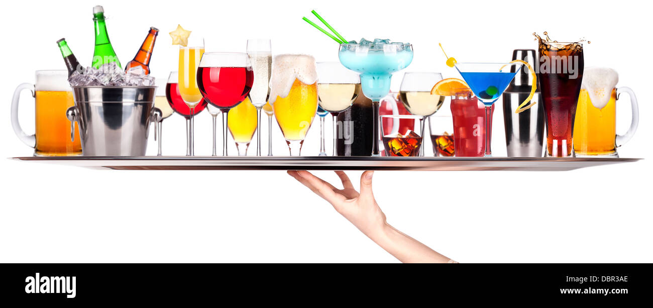 different alcohol drinks on a tray -beer,cocktail,champagne,wine ...