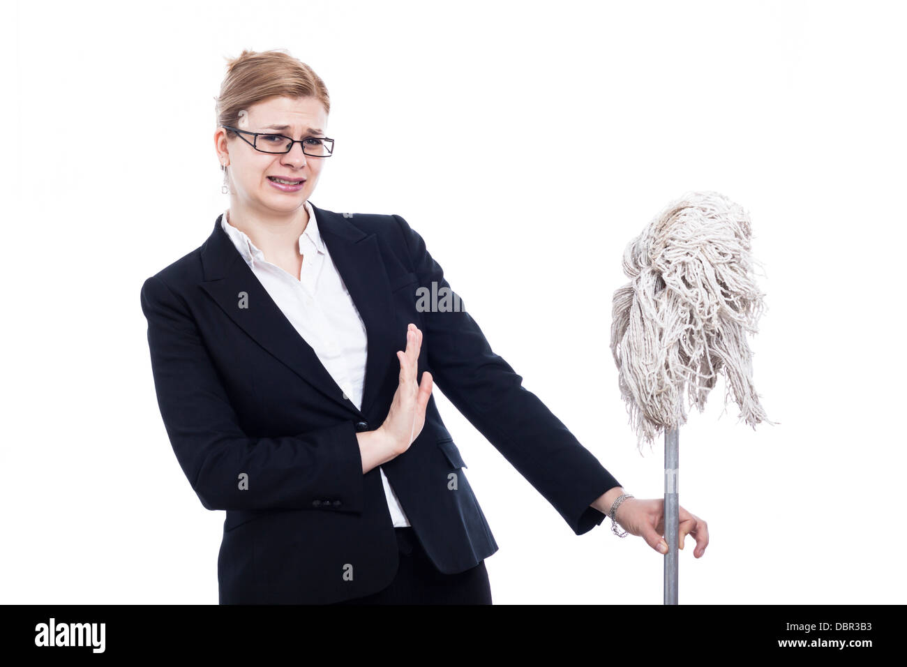 Unhappy businesswoman holding mop, isolated on white background Stock ...