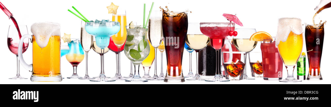different alcohol drinks set -beer,cocktail,champagne,wine,cola,whiskey ...