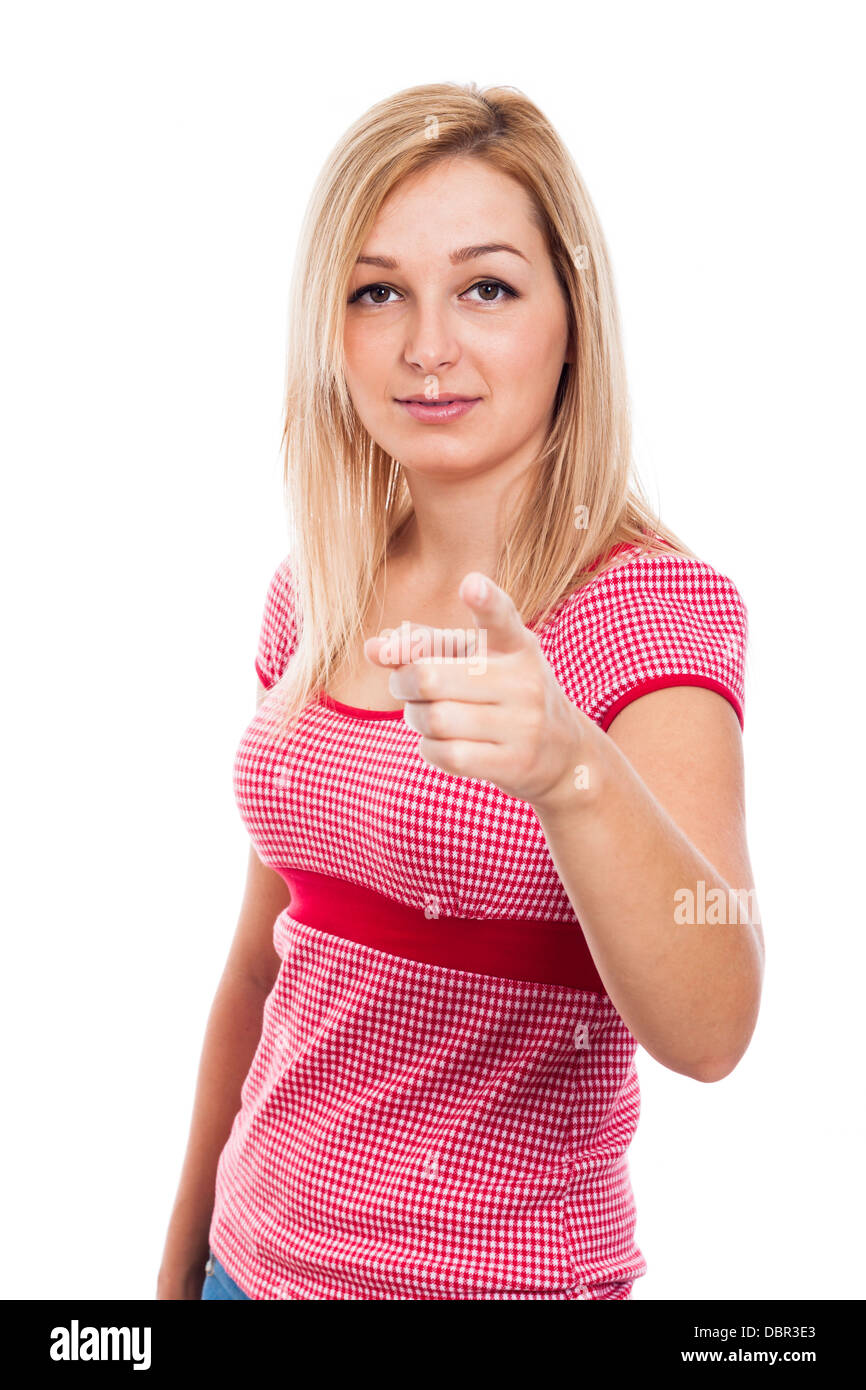 Portrait of woman pointing at you, isolated on white background Stock ...