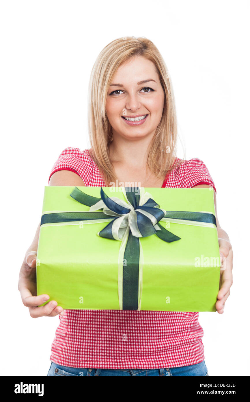 Young happy woman giving present, isolated on white background Stock ...