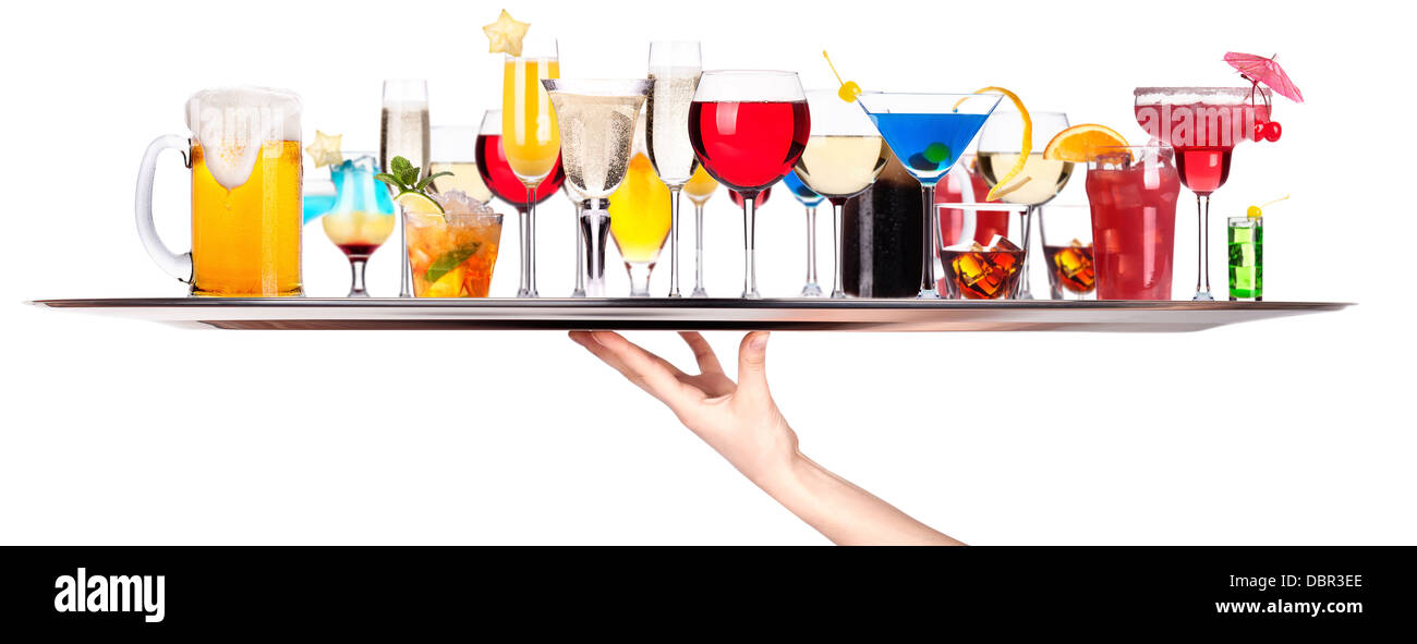 different alcohol drinks on a tray -beer,cocktail,champagne,wine ...
