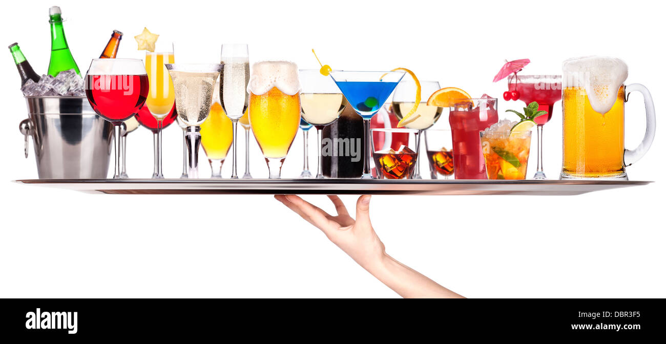 different alcohol drinks on a tray -beer,cocktail,champagne,wine ...