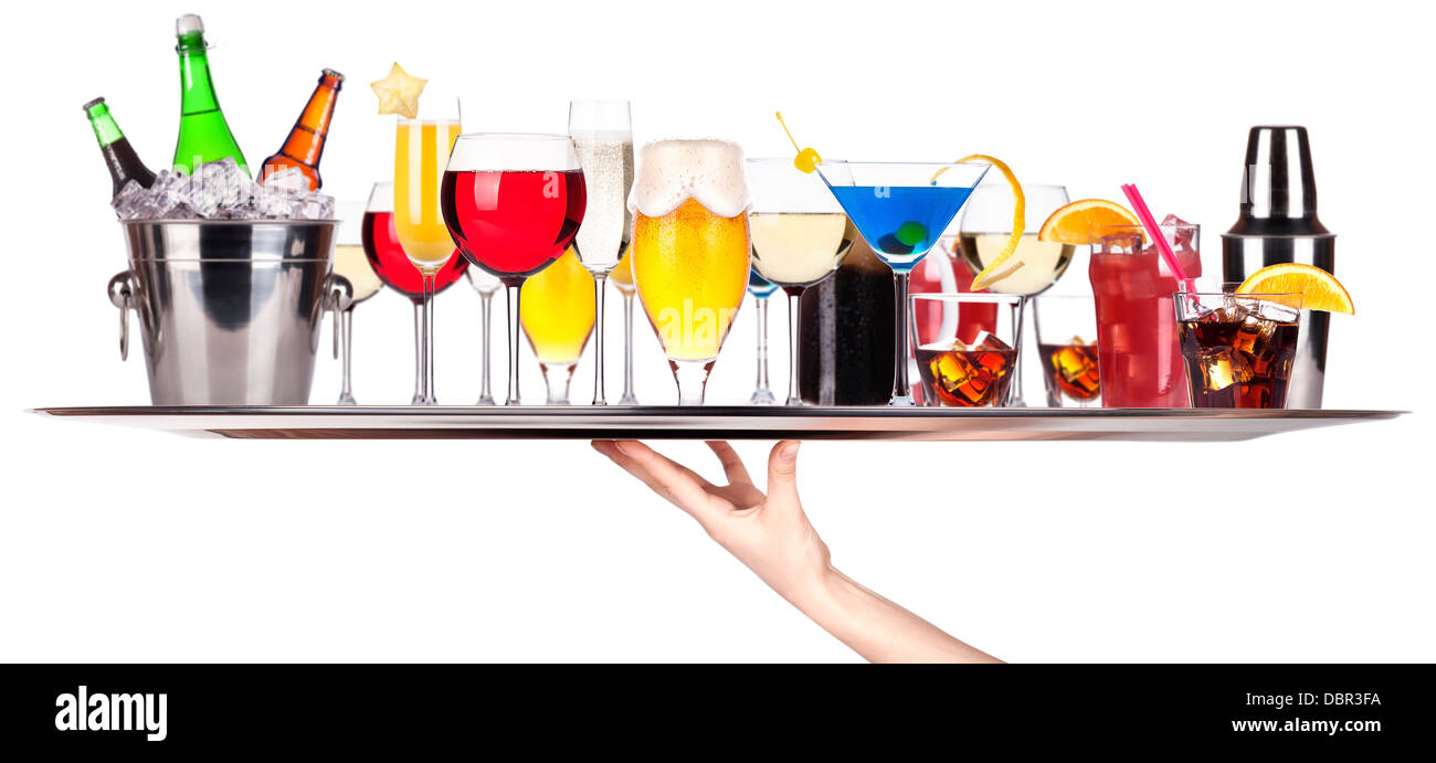 different alcohol drinks on a tray -beer,cocktail,champagne,wine ...