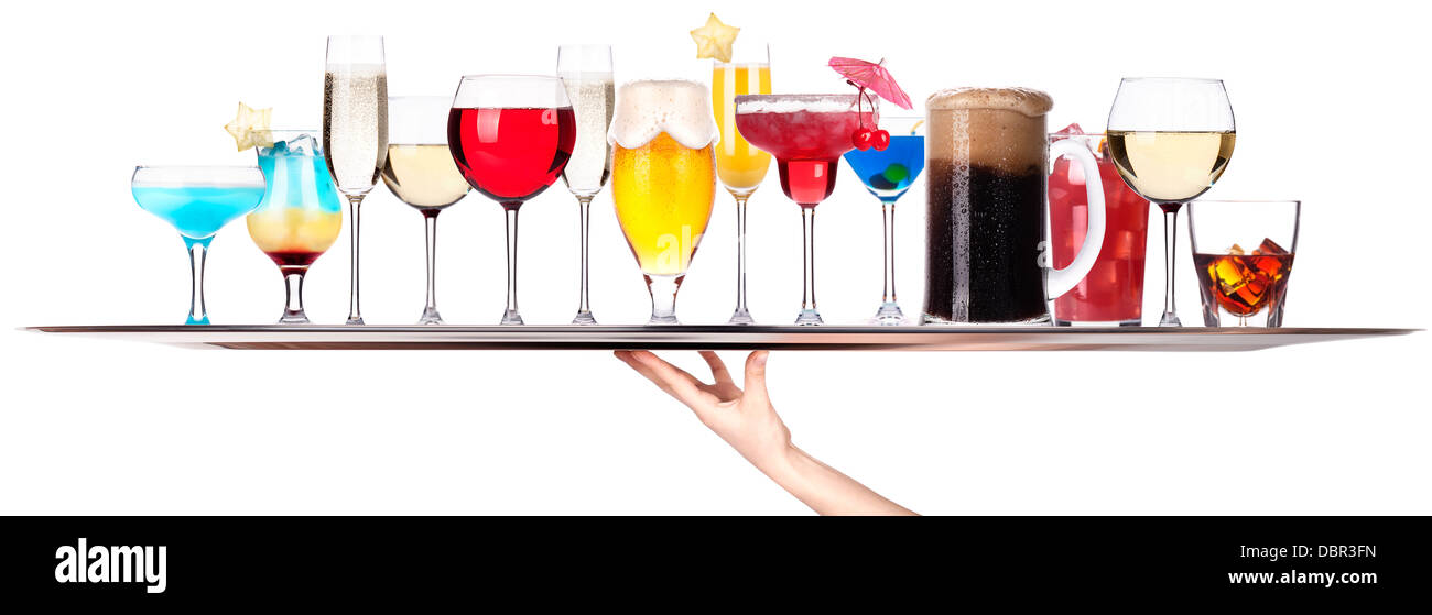 different alcohol drinks on a tray -beer,cocktail,champagne,wine ...