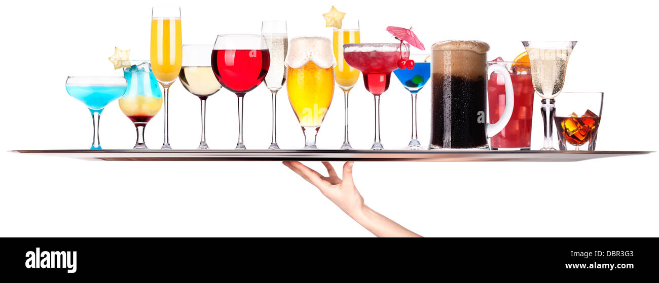 different alcohol drinks on a tray -beer,cocktail,champagne,wine ...