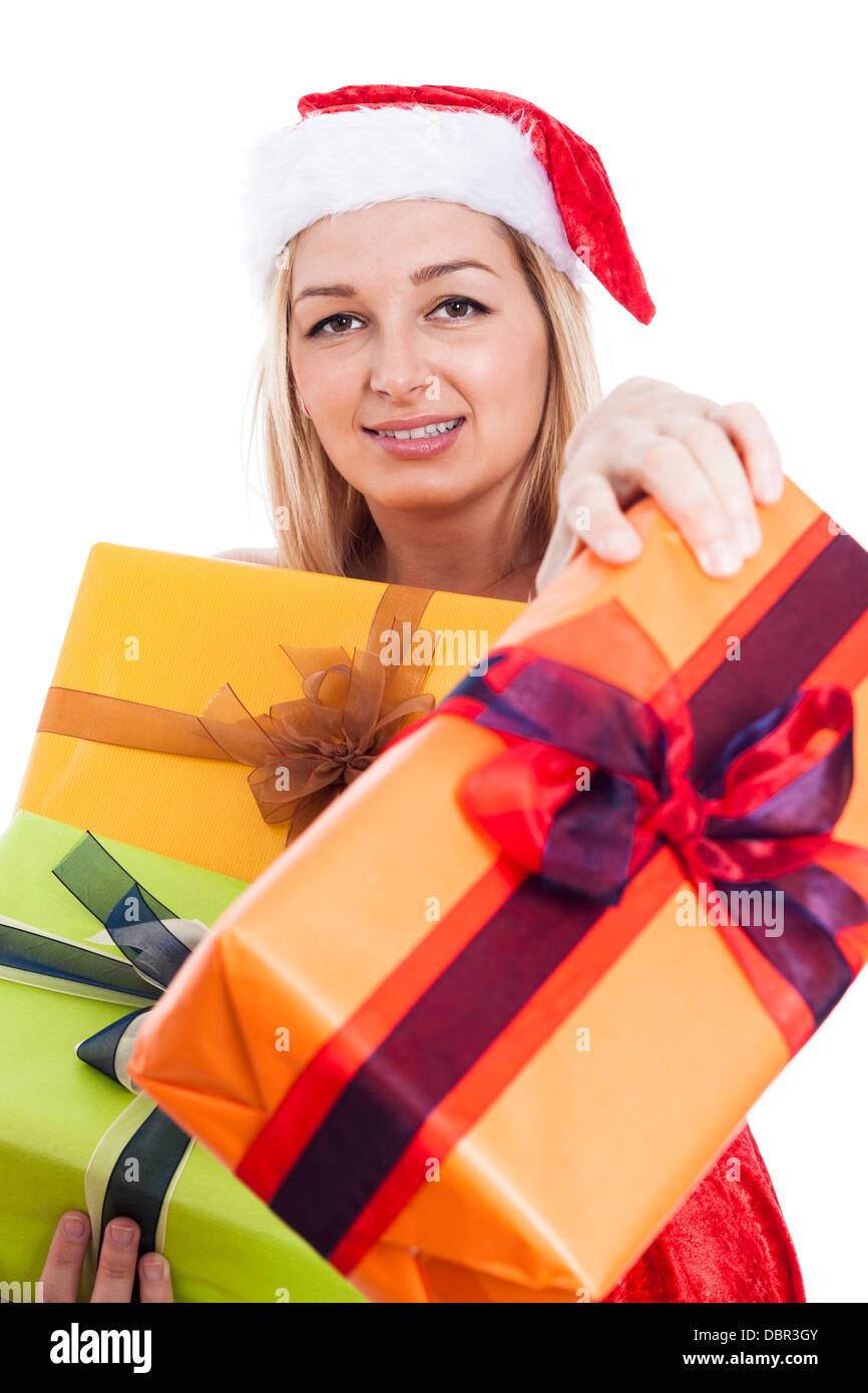 Generous Christmas woman giving presents, isolated on white background ...