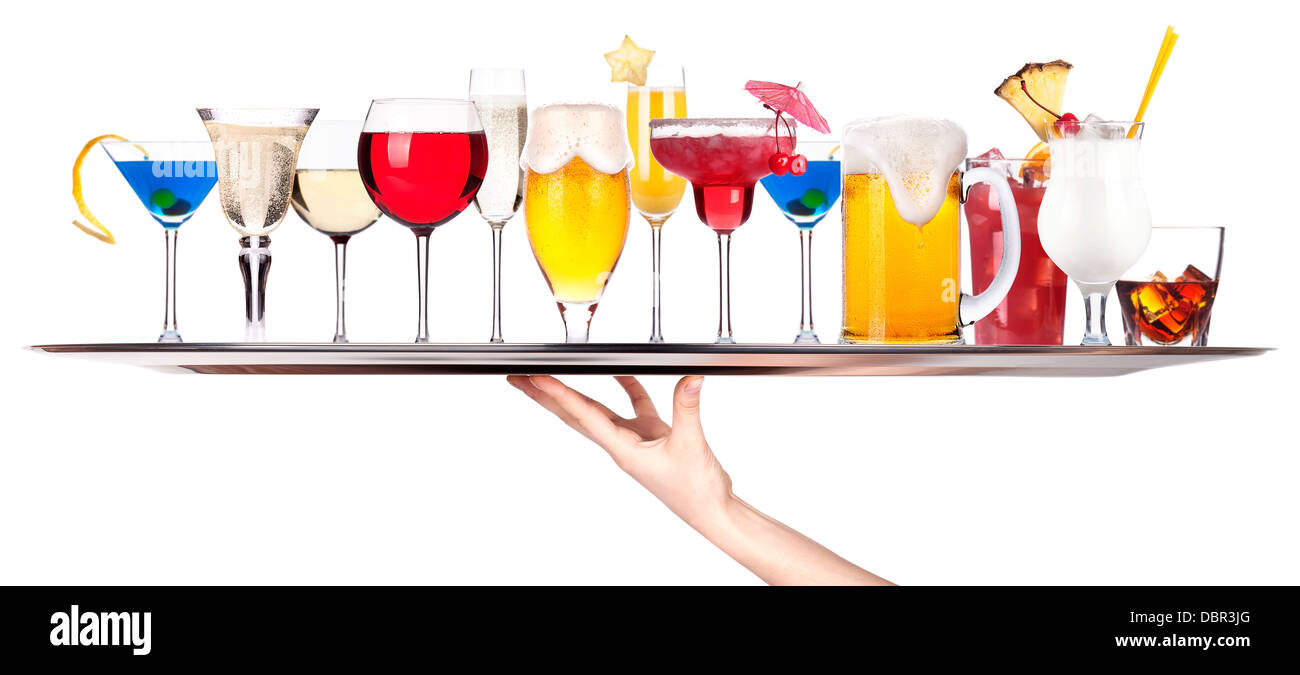 different alcohol drinks on a tray -beer,cocktail,champagne,wine ...