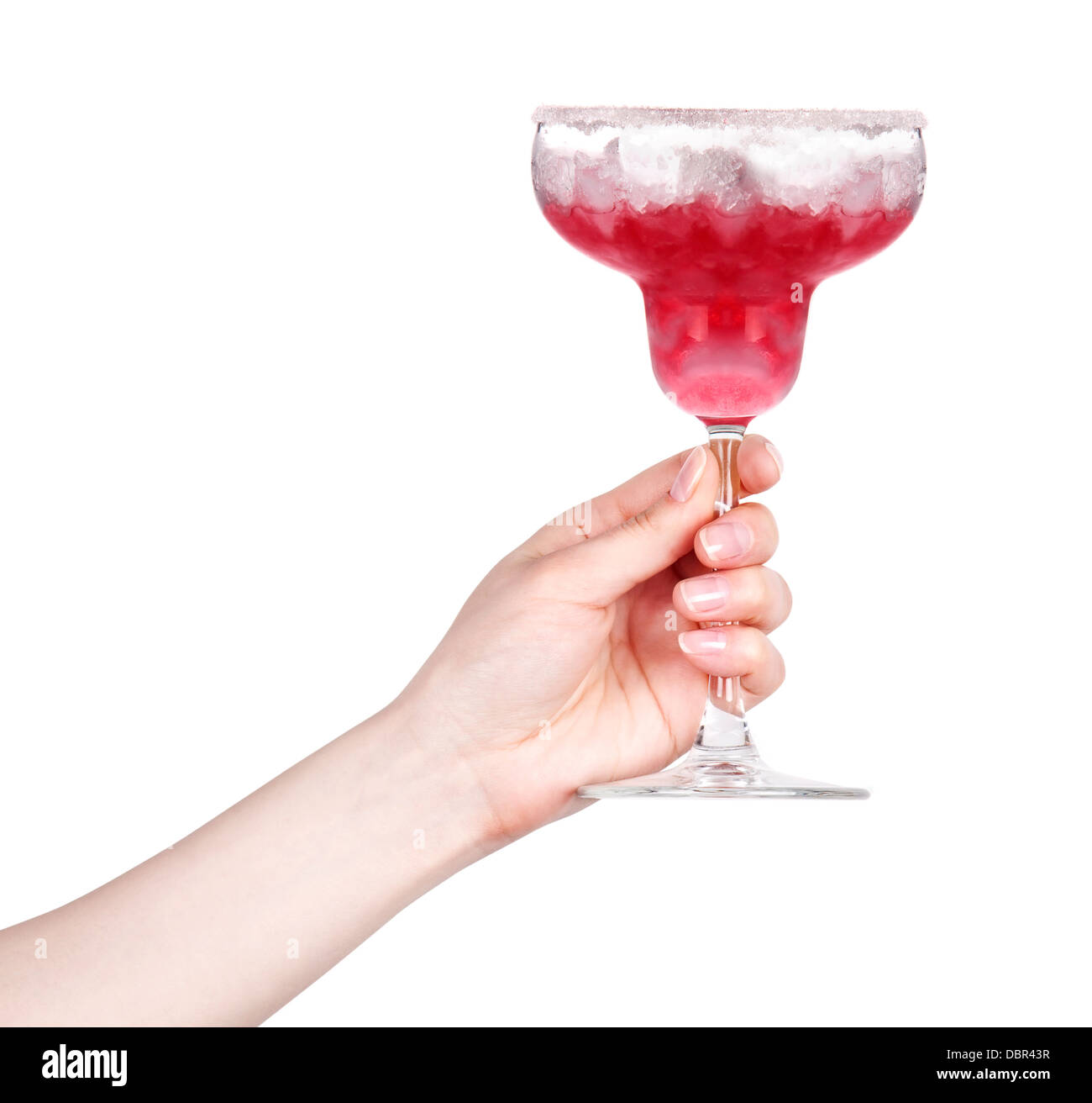 hand with alcohol cocktail making toast isolated on a white background ...