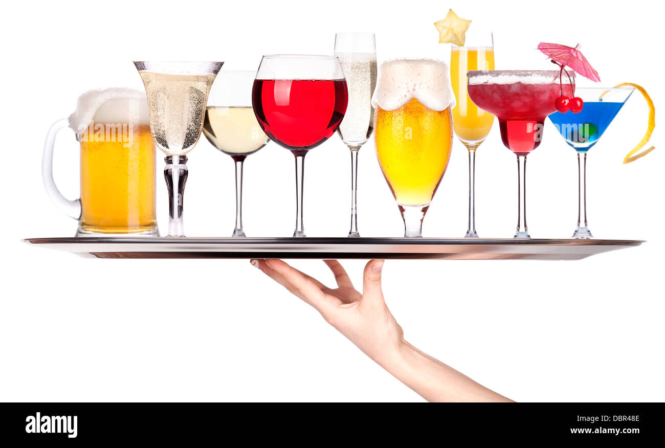different alcohol drinks on a tray isolated on a white background Stock ...
