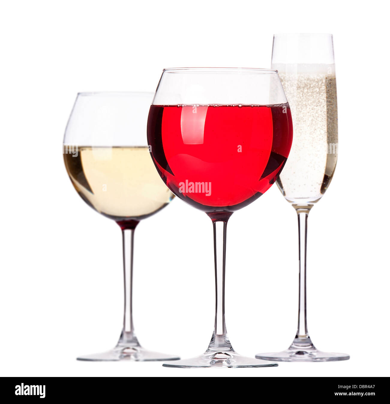 glass of white and red wine with champagne set isolated on a white ...