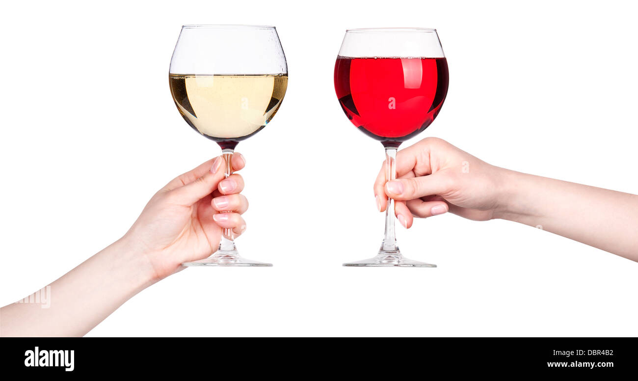 glass of white and red wine making toast isolated on a white background ...