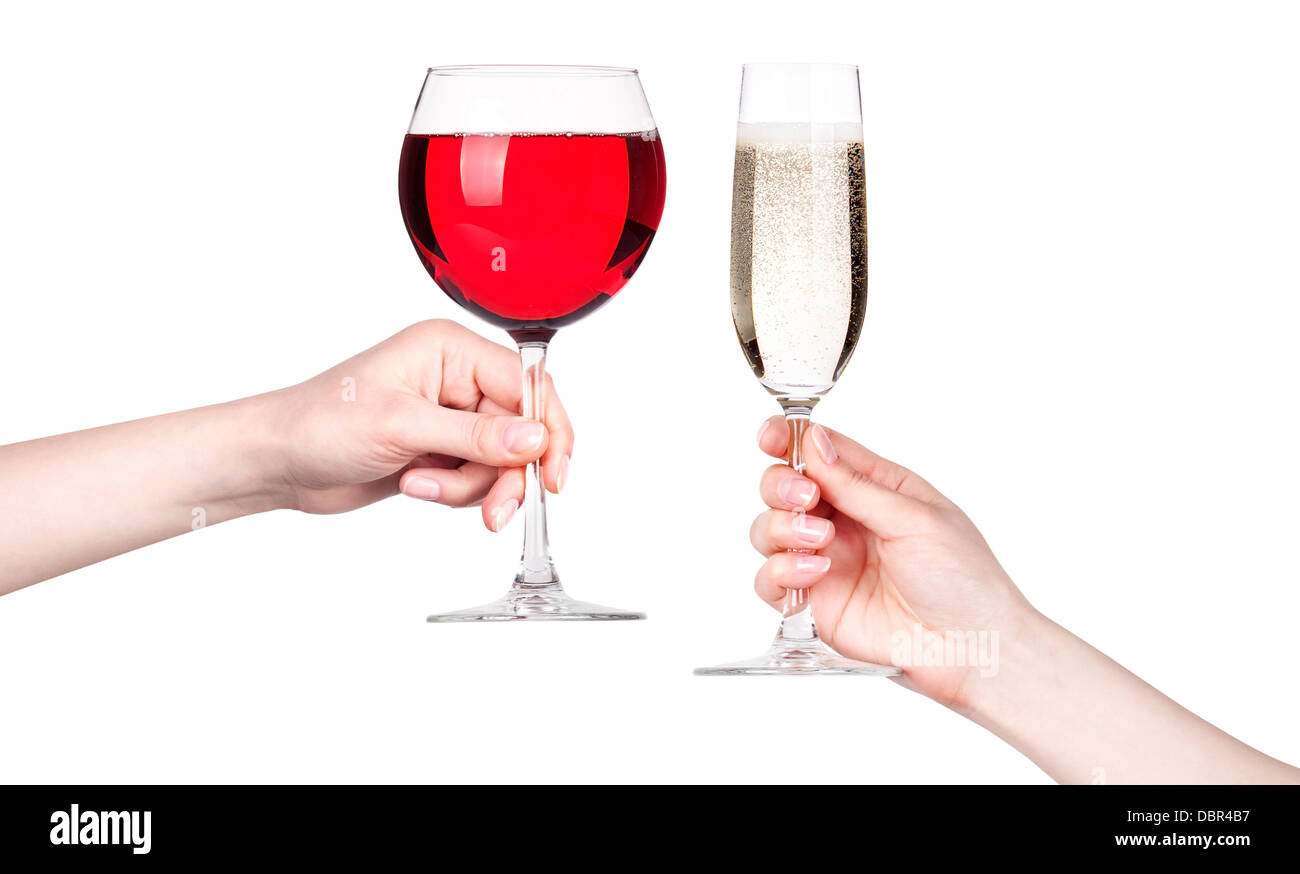glass of white and red wine making toast isolated on a white background ...