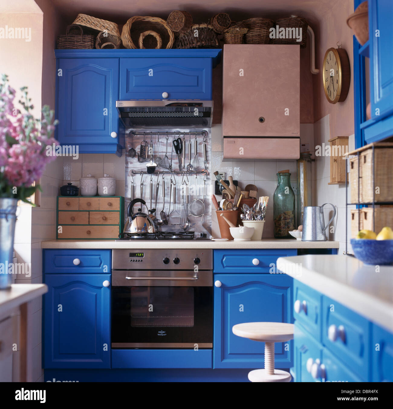 Central heating boiler above worktop with oven and hob in cottage ...