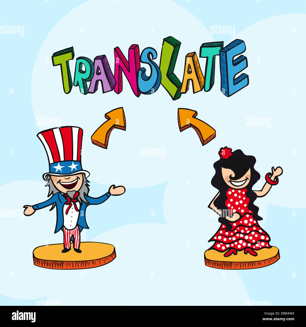 Translate concept american man and spanish woman cartoon illustration ...