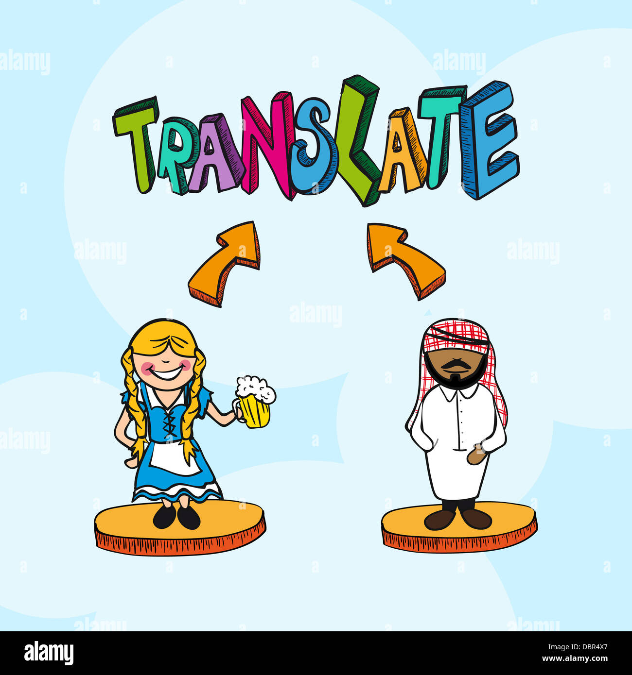 Translate concept german woman and arabian man cartoon illustration ...