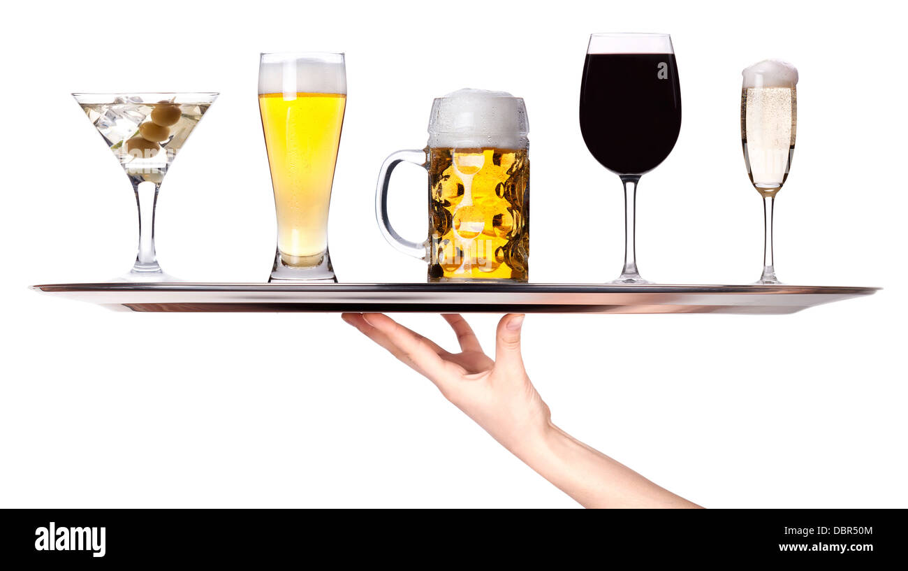hand with tray full of alcohol drinks. celebration concept isolated ...