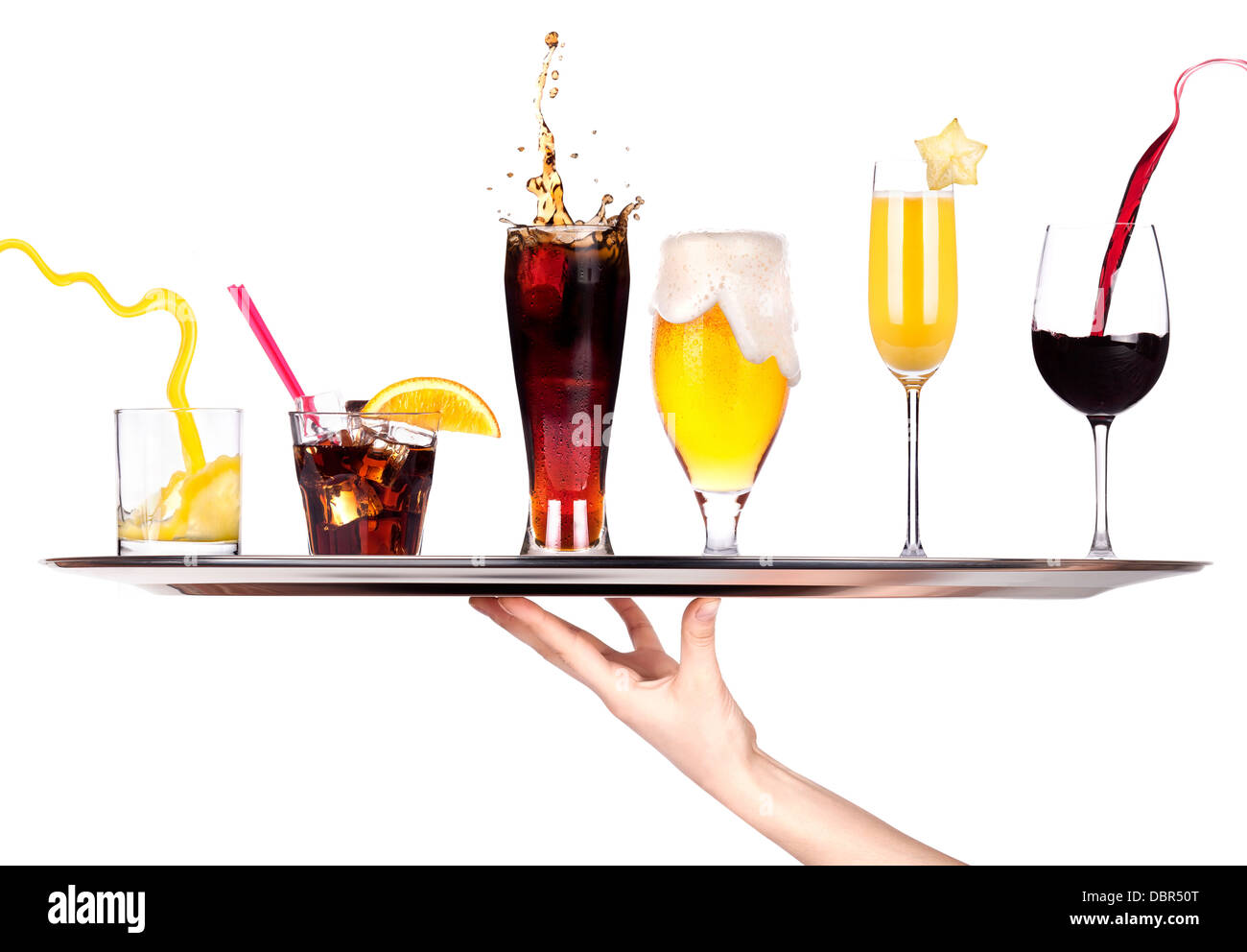 hand with tray full of alcohol drinks. celebration concept isolated ...