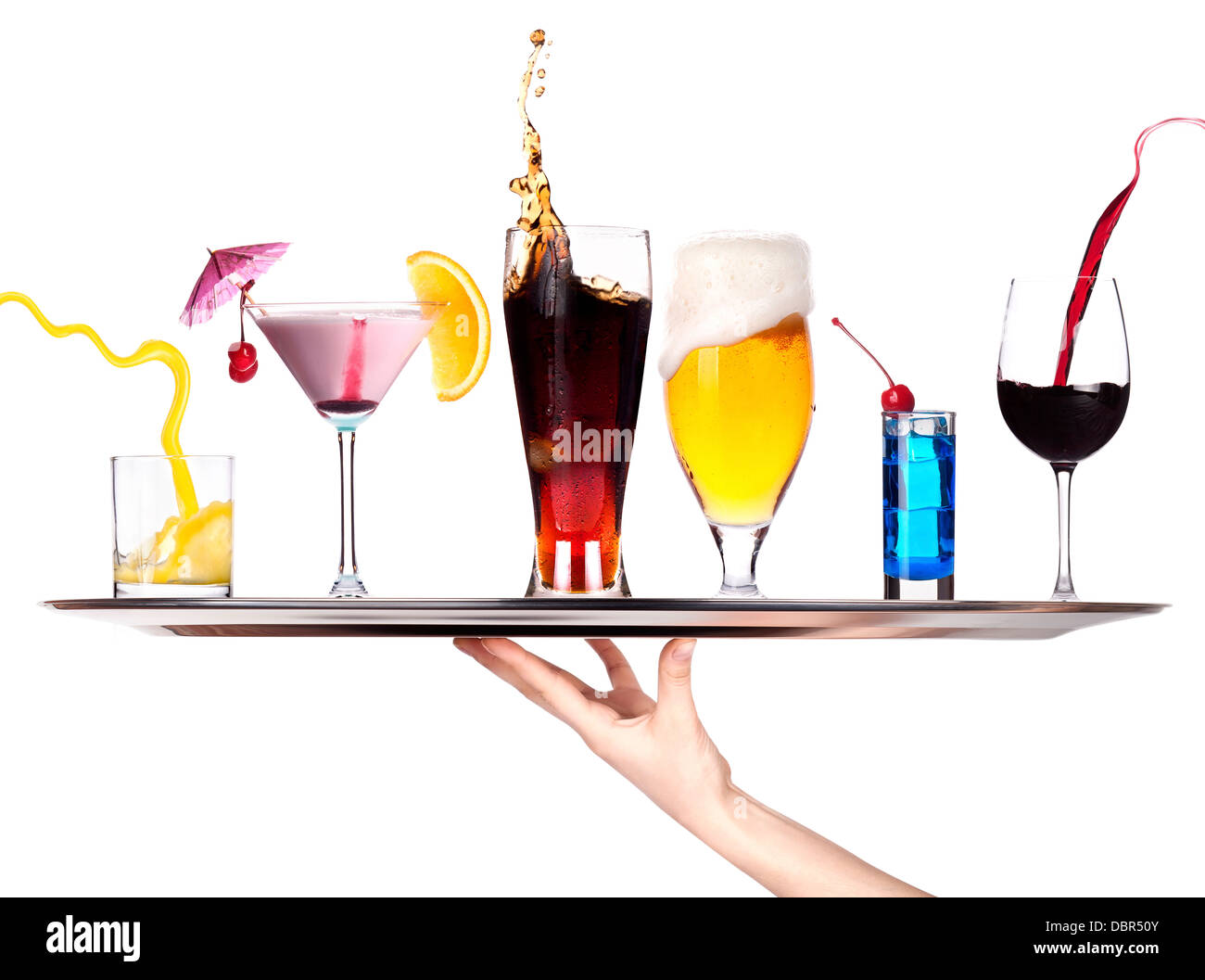 hand with tray full of alcohol drinks. celebration concept isolated ...