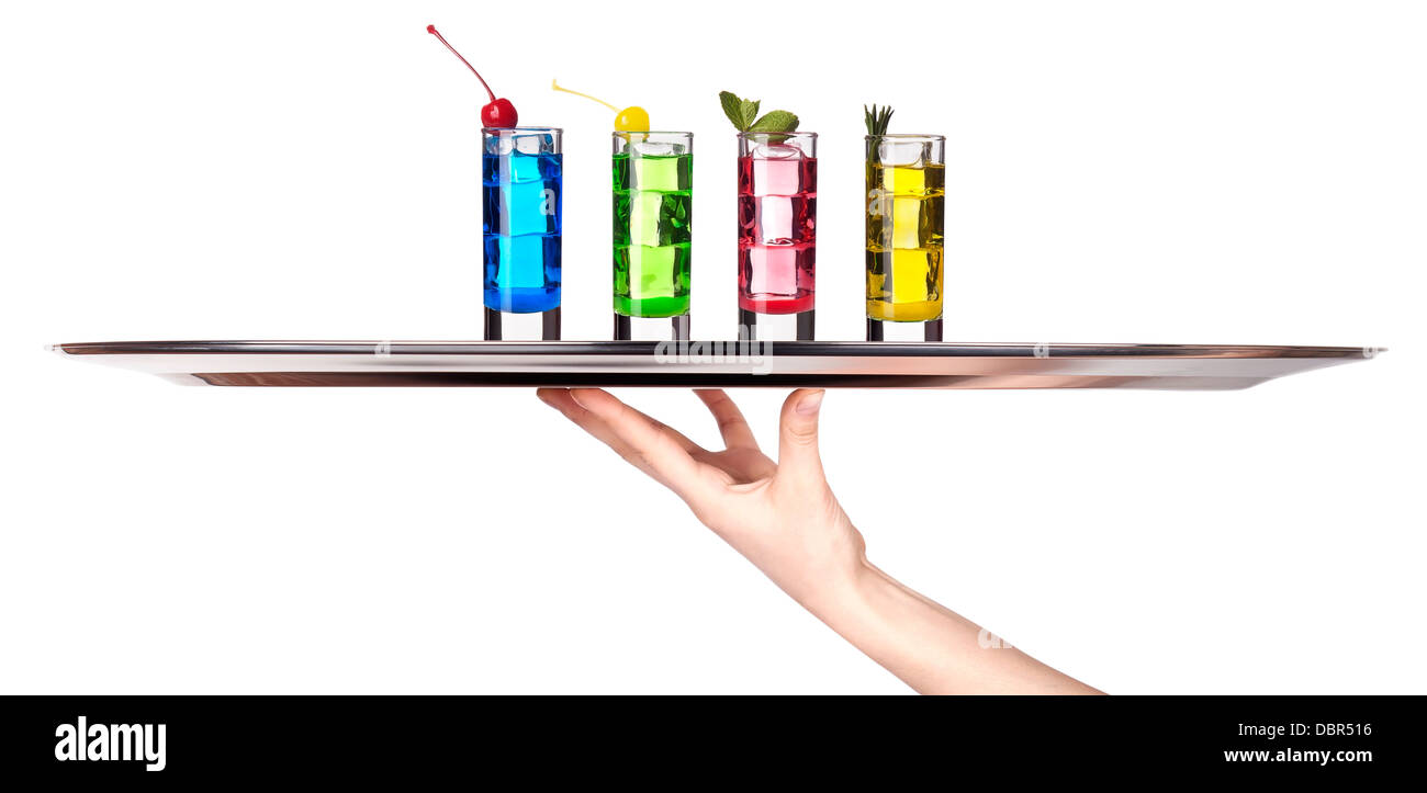 hand with tray full of alcohol drinks. celebration concept isolated ...