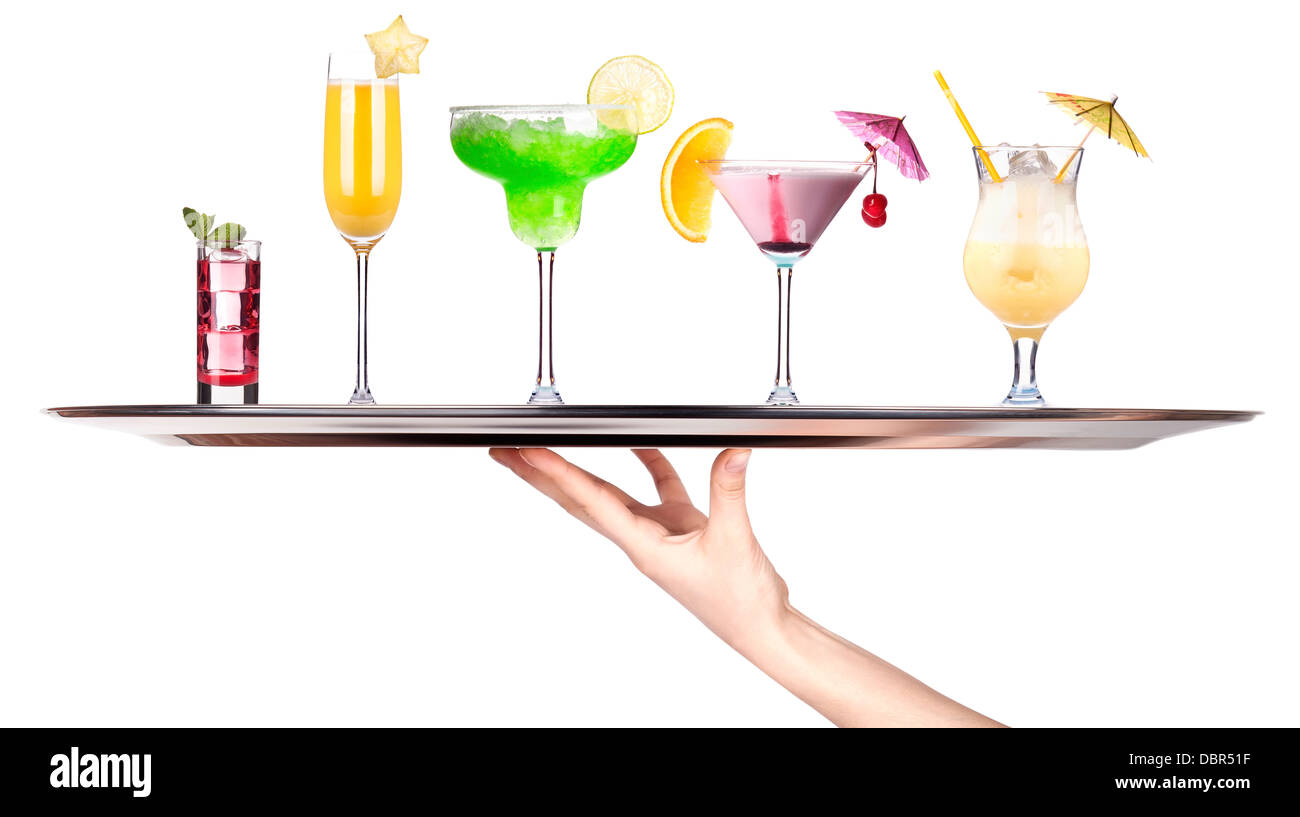 hand with tray full of alcohol drinks. celebration concept isolated ...