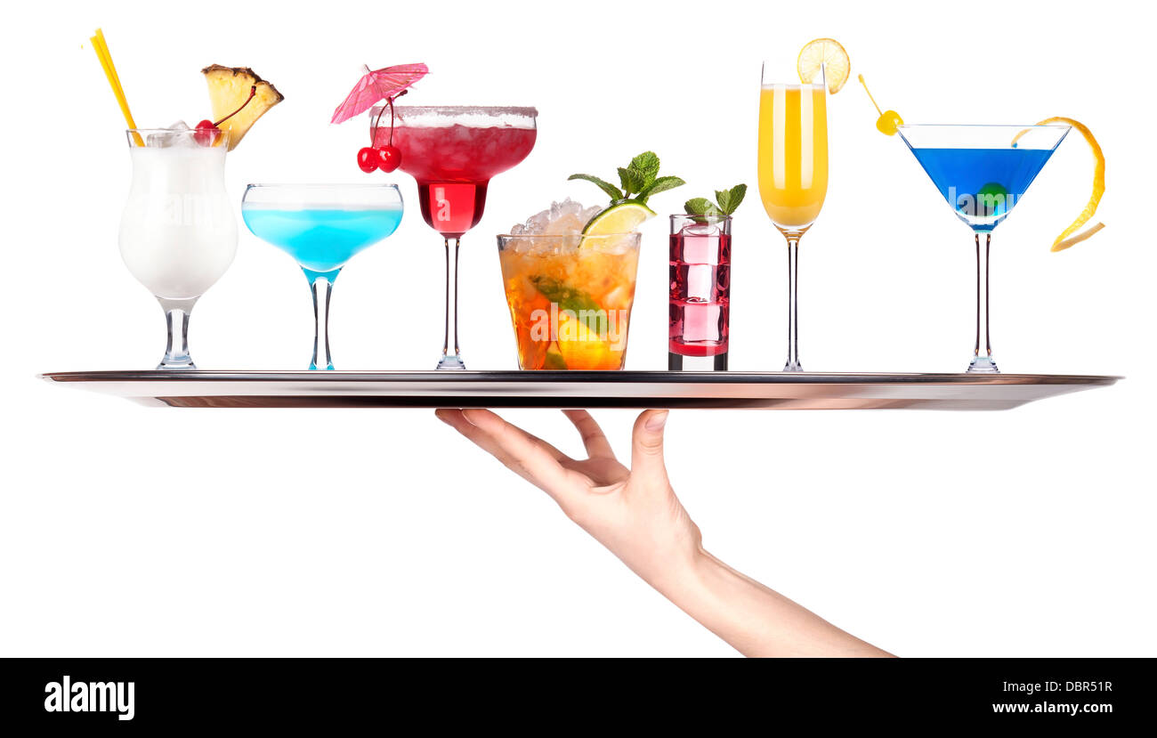 hand with tray full of alcohol drinks. celebration concept isolated ...