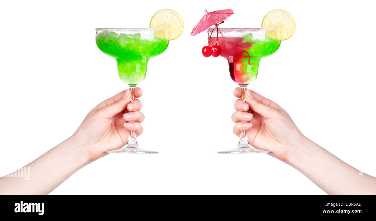 hand with alcohol cocktail making toast isolated on a white background ...