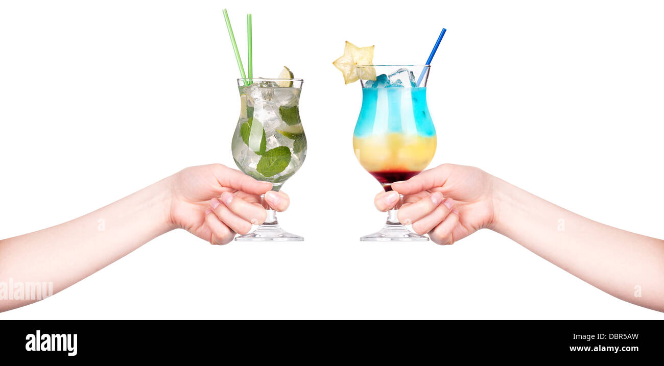 hand with alcohol cocktail making toast isolated on a white background ...