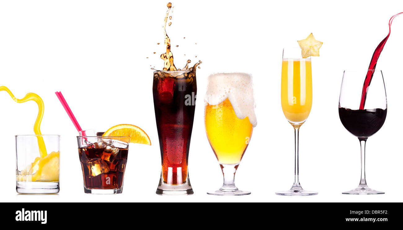 Collection of different images of alcohol isolated on a white ...