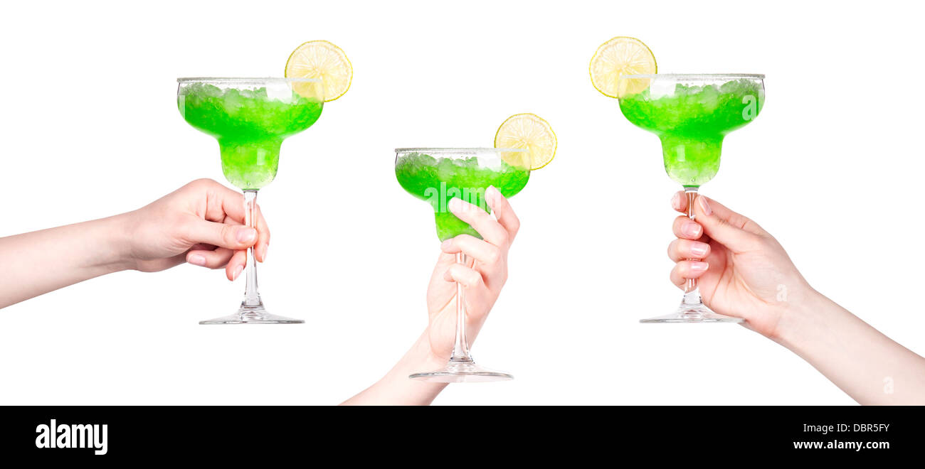 hand with alcohol cocktail making toast set isolated on a white ...