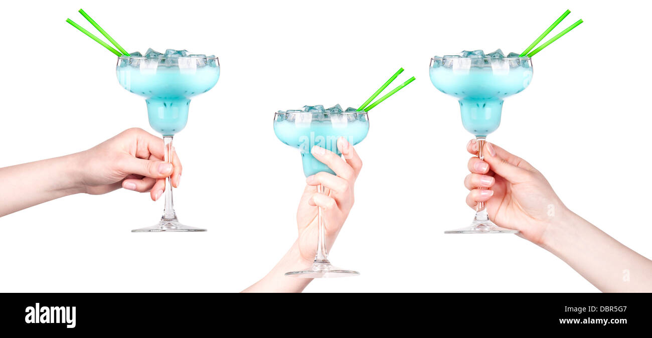 hand with alcohol cocktail making toast set isolated on a white ...