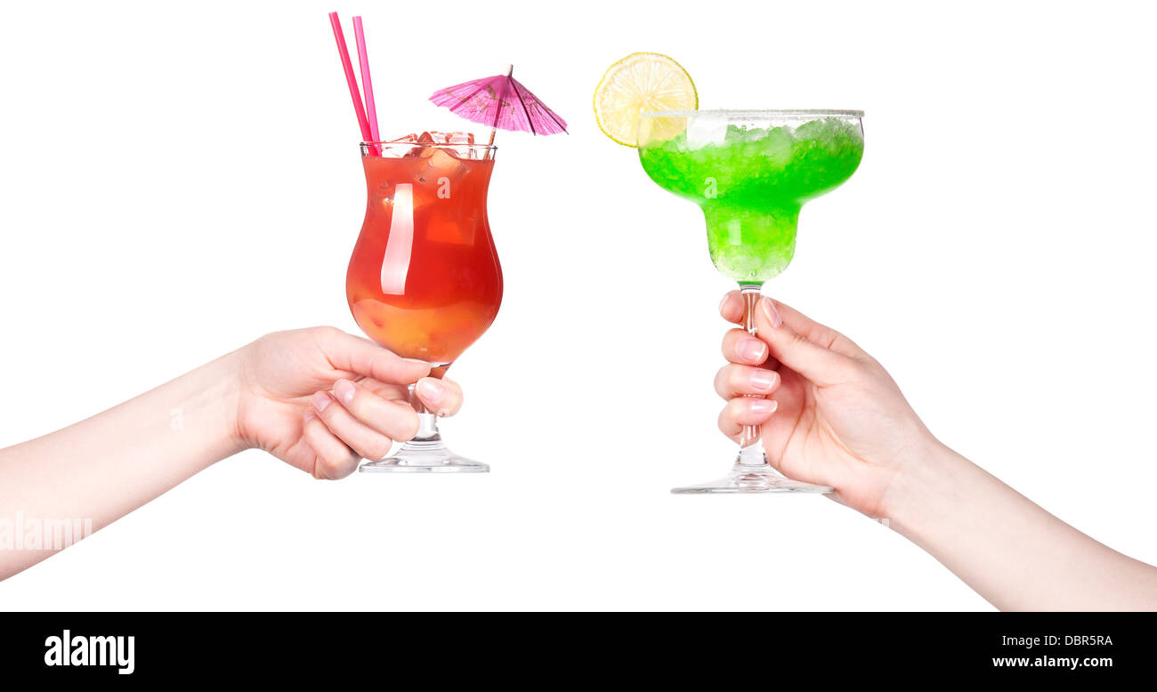 hand with alcohol cocktail making toast isolated on a white background ...
