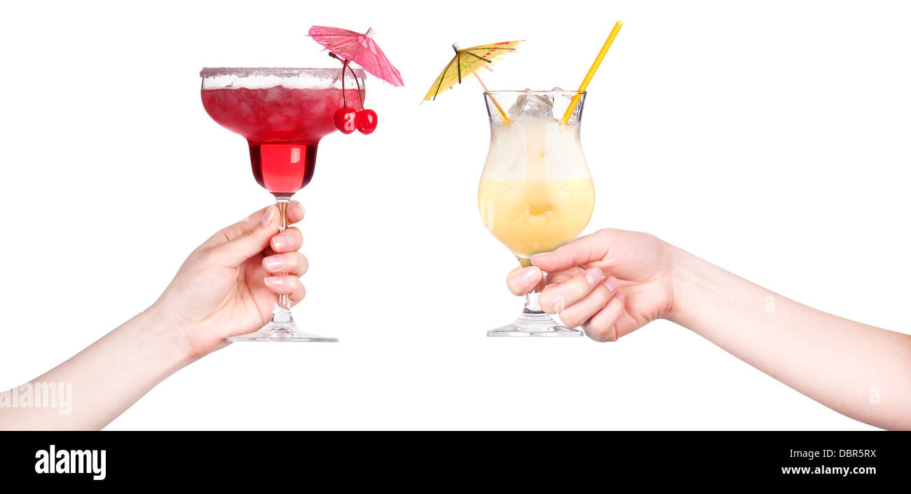 hand with alcohol cocktail making toast isolated on a white background ...