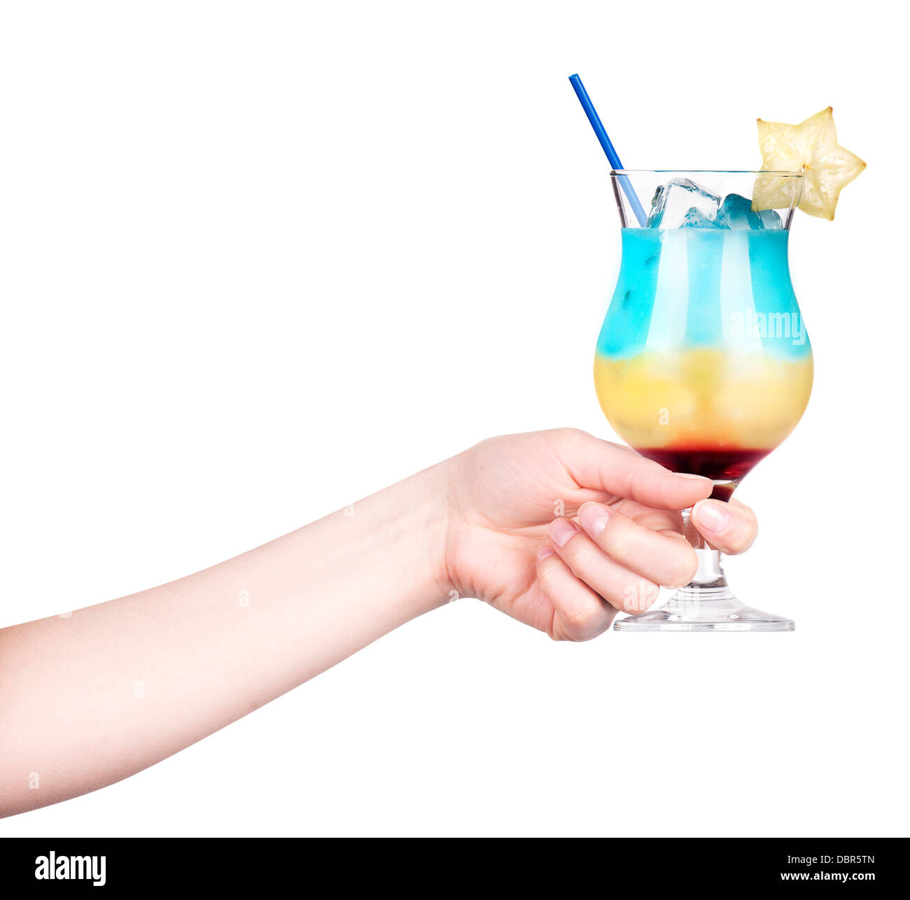 hand with alcohol cocktail making toast isolated on a white background ...