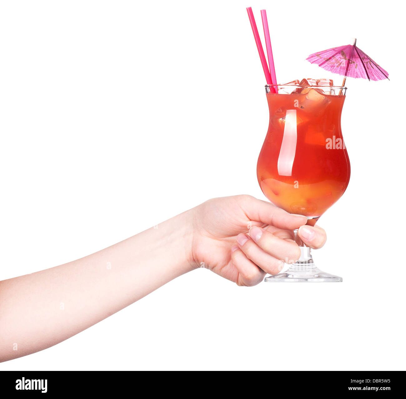 hand with alcohol cocktail making toast isolated on a white background ...