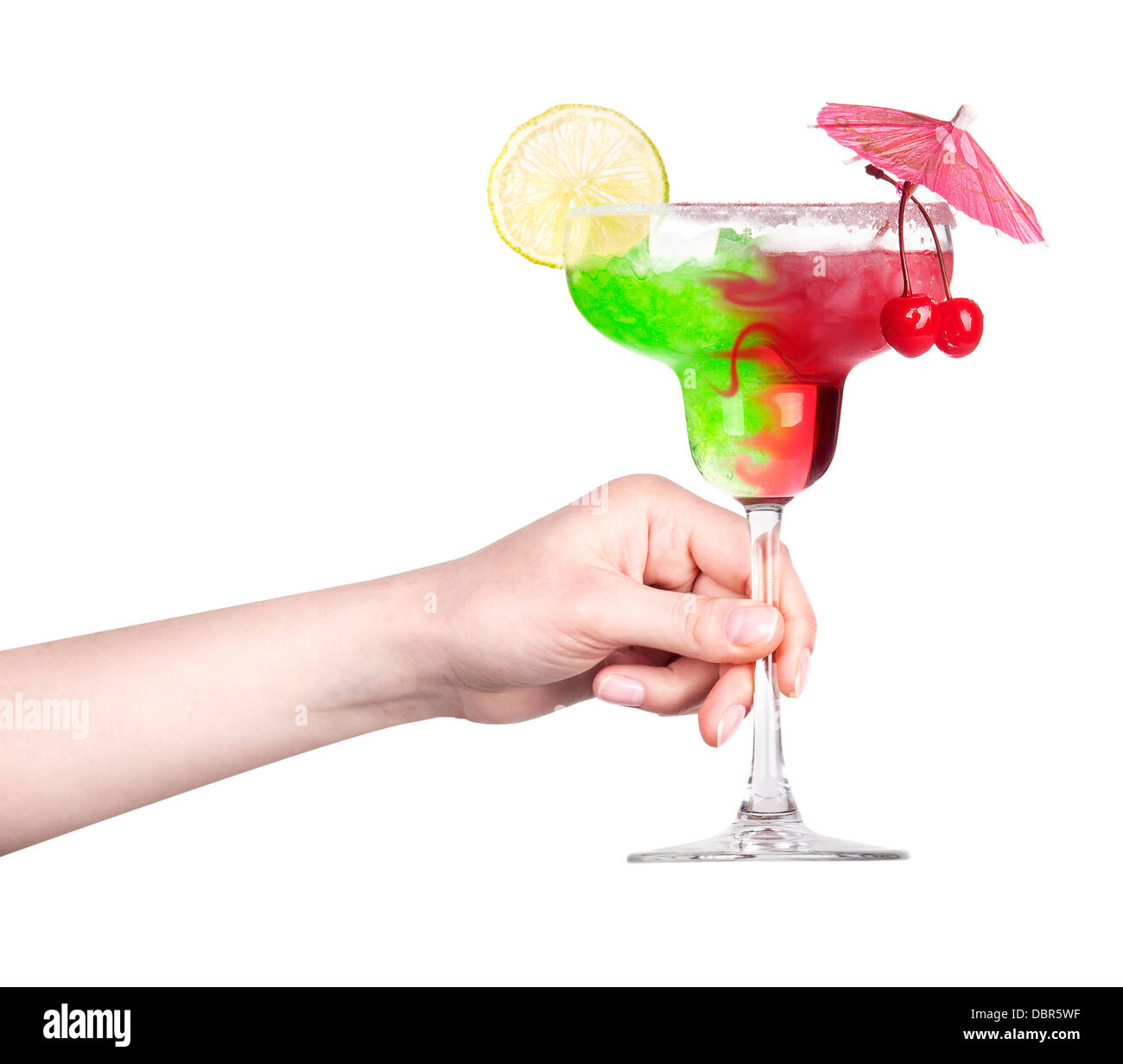 hand with alcohol cocktail making toast isolated on a white background ...