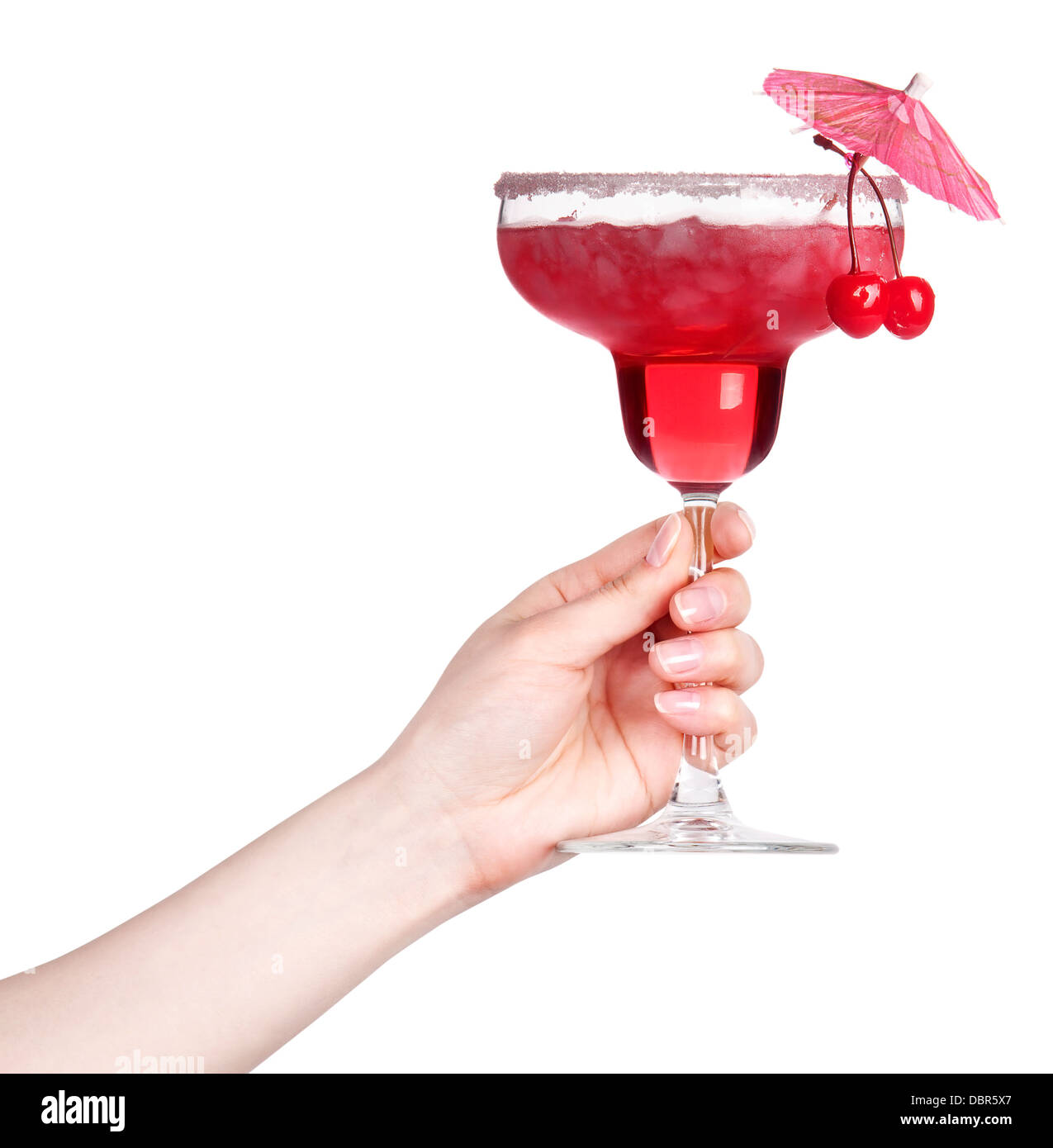 hand with alcohol cocktail making toast isolated on a white background ...