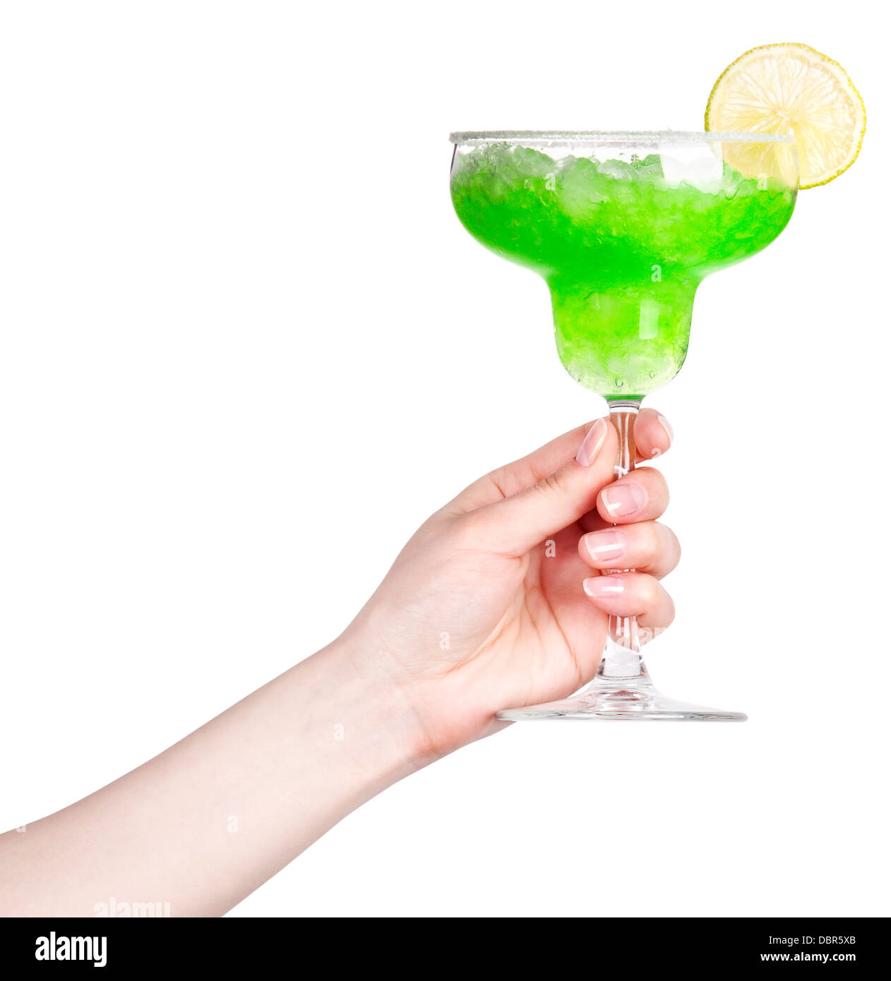 hand with alcohol cocktail making toast isolated on a white background ...